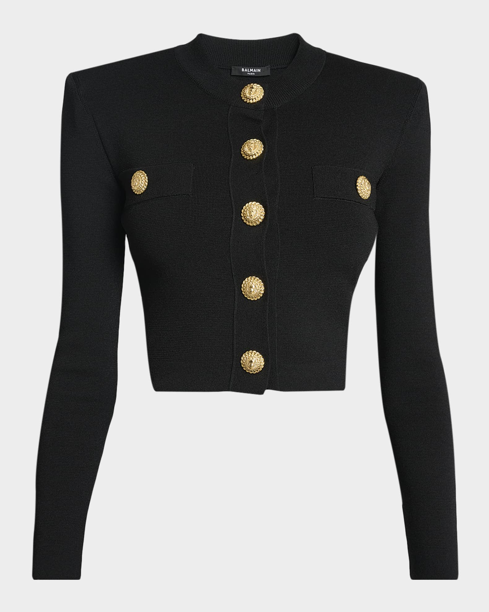 Balmain Buttoned Strong-Shoulder Knit Crop Jacket | Neiman Marcus