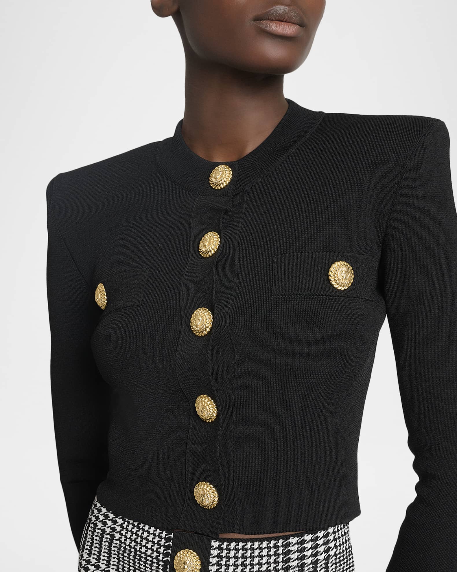 Balmain Buttoned Strong-Shoulder Knit Crop Jacket | Neiman Marcus