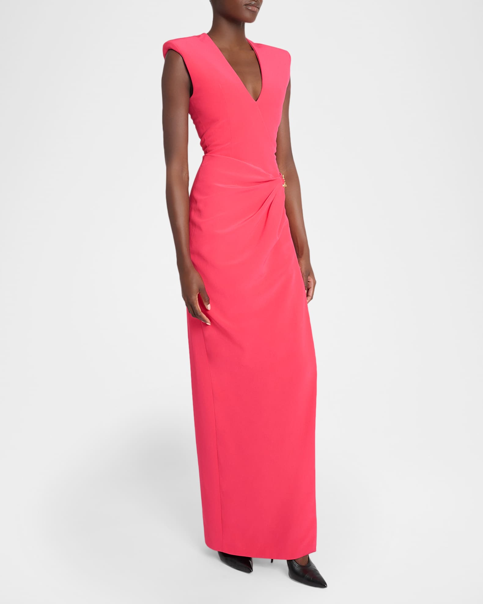 Balmain Strong-Shoulder Sleeveless Chain-Wrap Slit Gown | Neiman Marcus