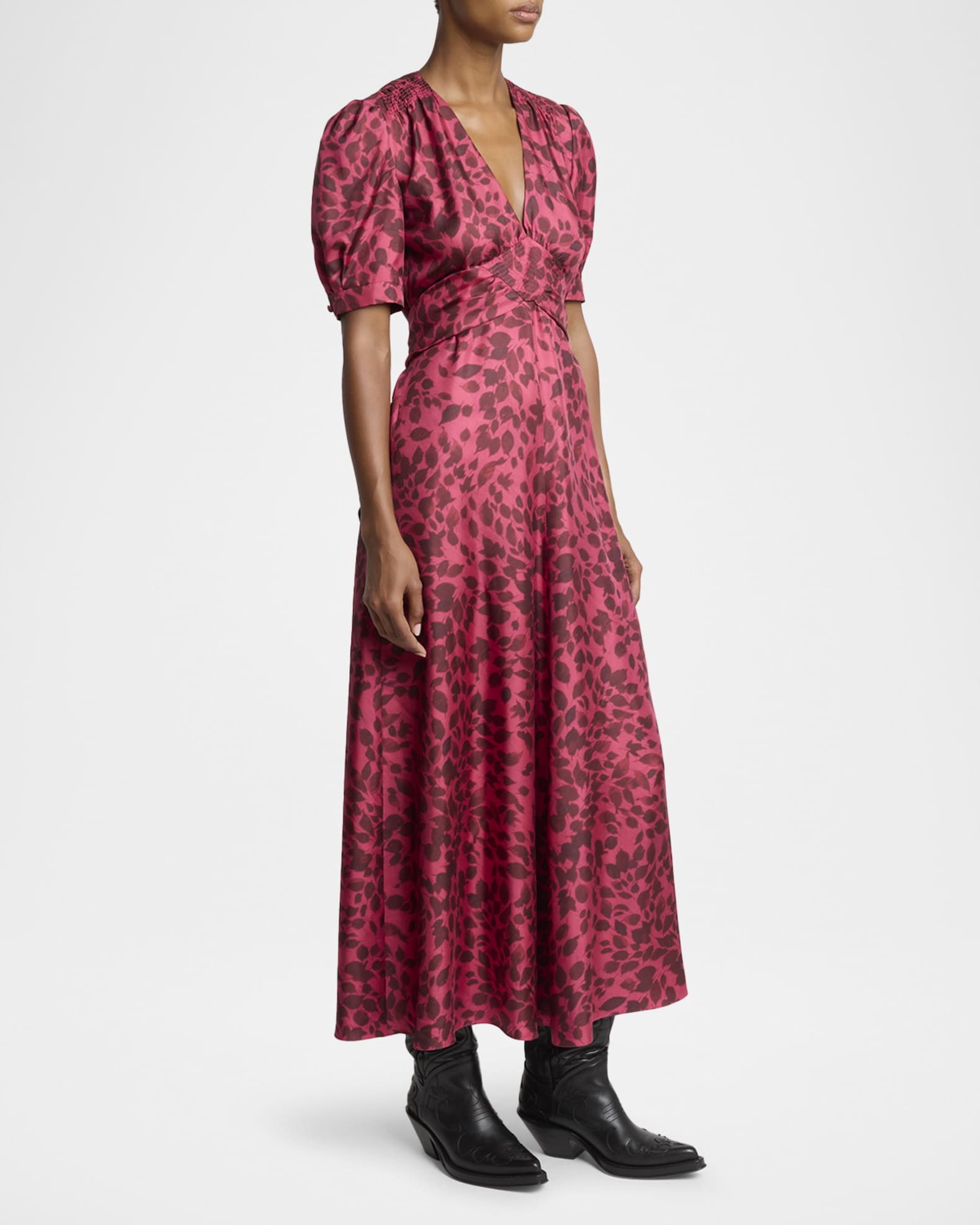 Gabriela Hearst Larkin Printed Satin Puff-Sleeve Midi Dress | Neiman Marcus