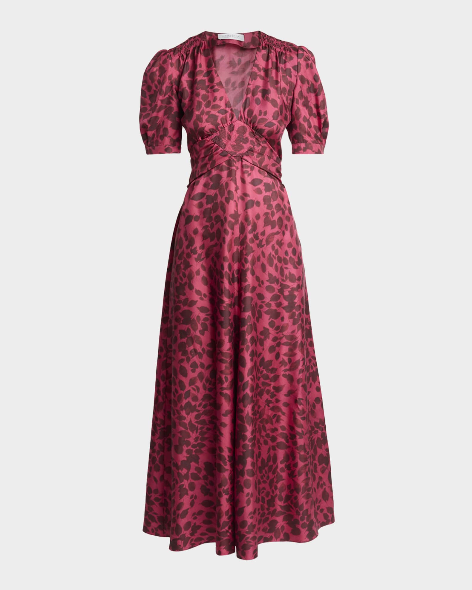 Gabriela Hearst Larkin Printed Satin Puff-Sleeve Midi Dress | Neiman Marcus