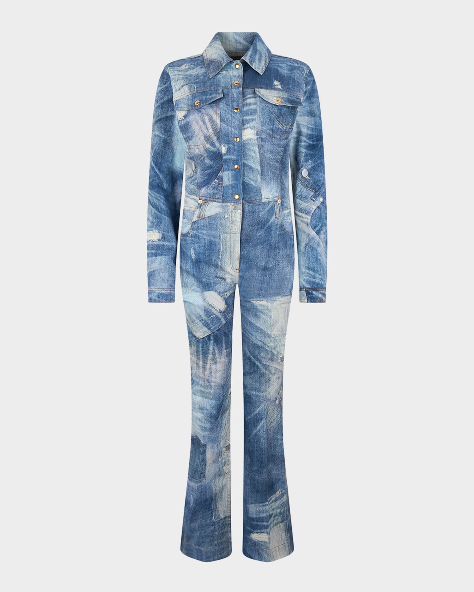 Roberto Cavalli Patchwork Denim Long-Sleeve Bootcut Jumpsuit | Neiman ...
