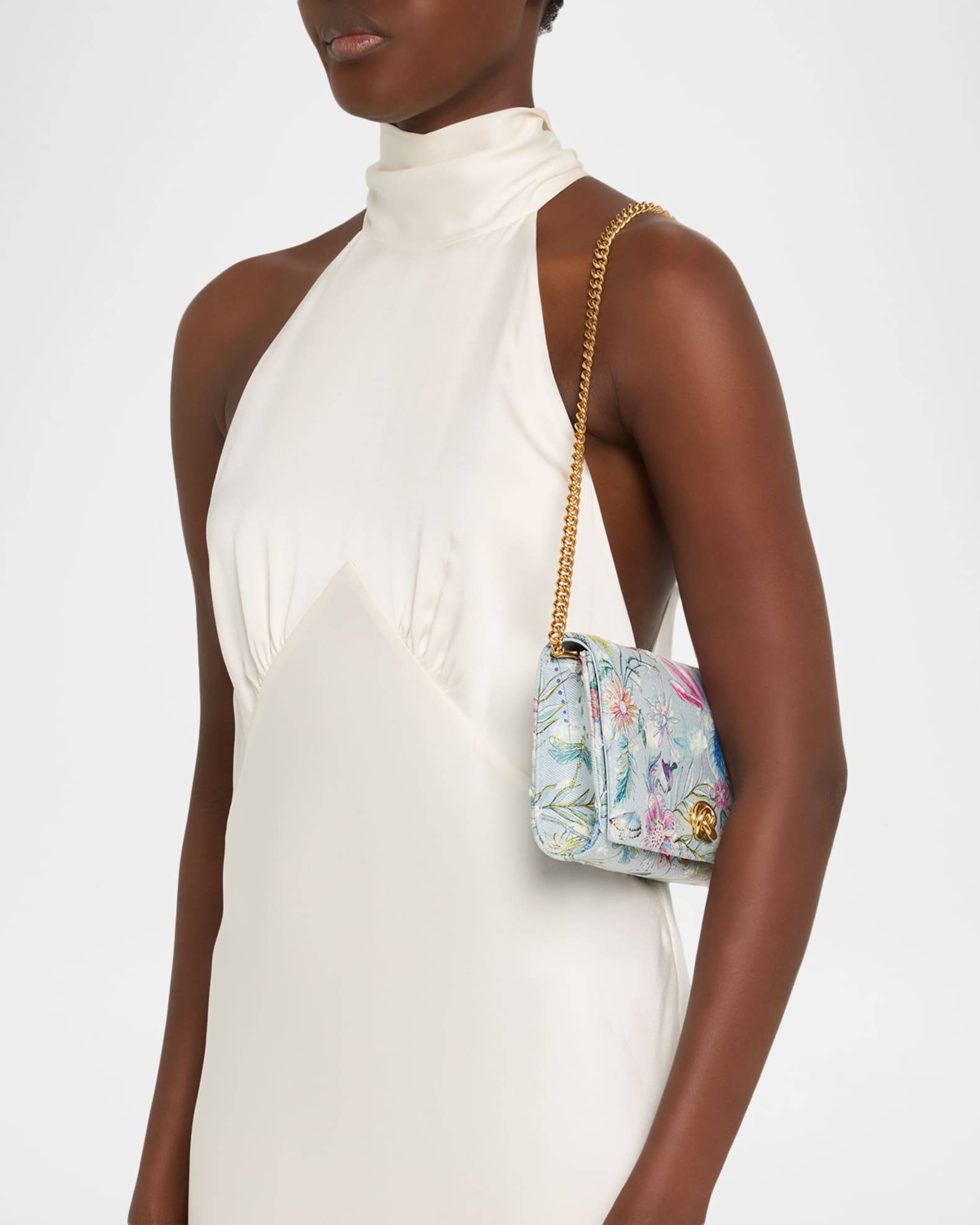MICHELLE WILHITE Olivia Floral-Print Denim Clutch Bag | Neiman Marcus