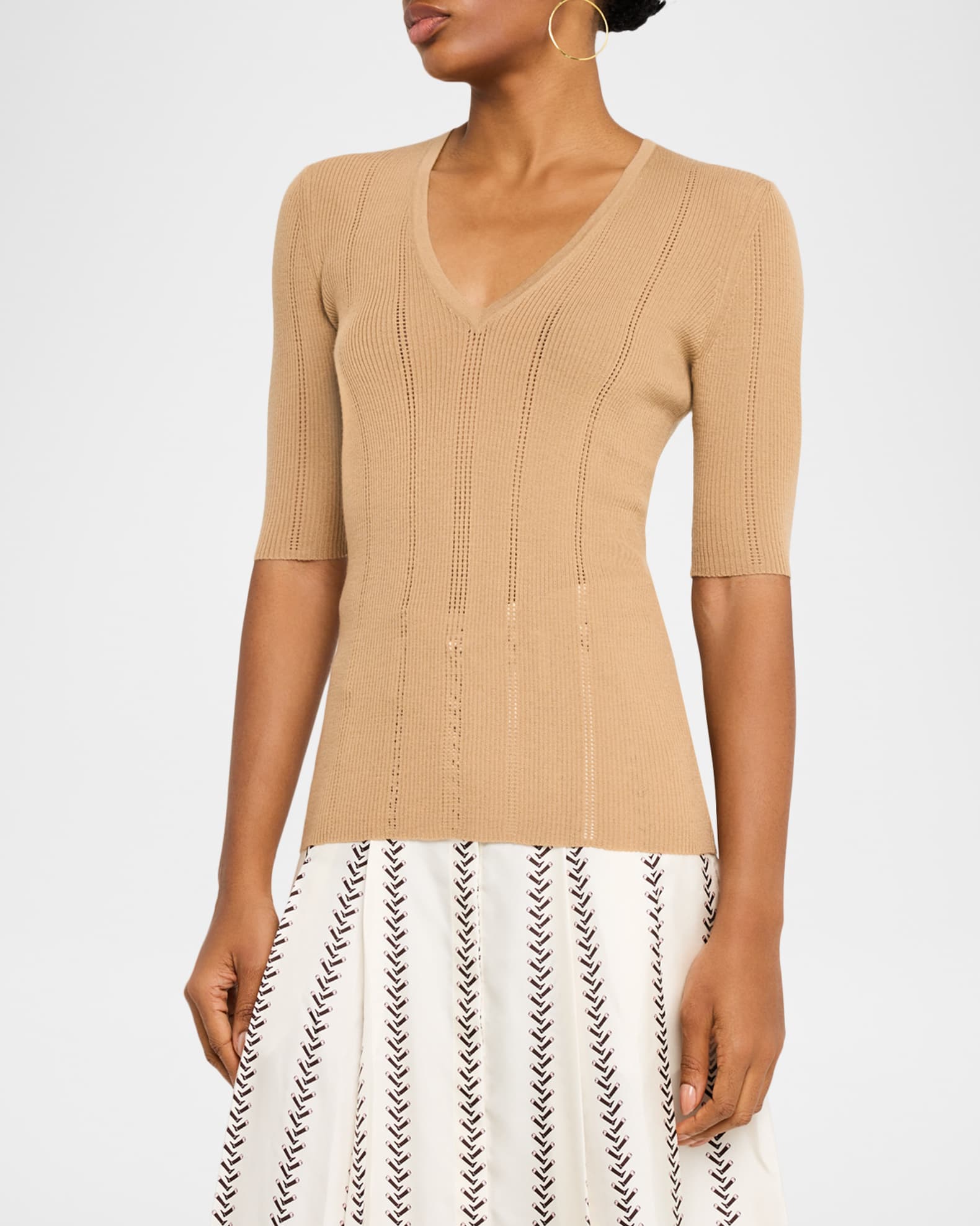 Gabriela Hearst Amari V-Neck Pointelle Rib Short-Sleeve Top | Neiman Marcus