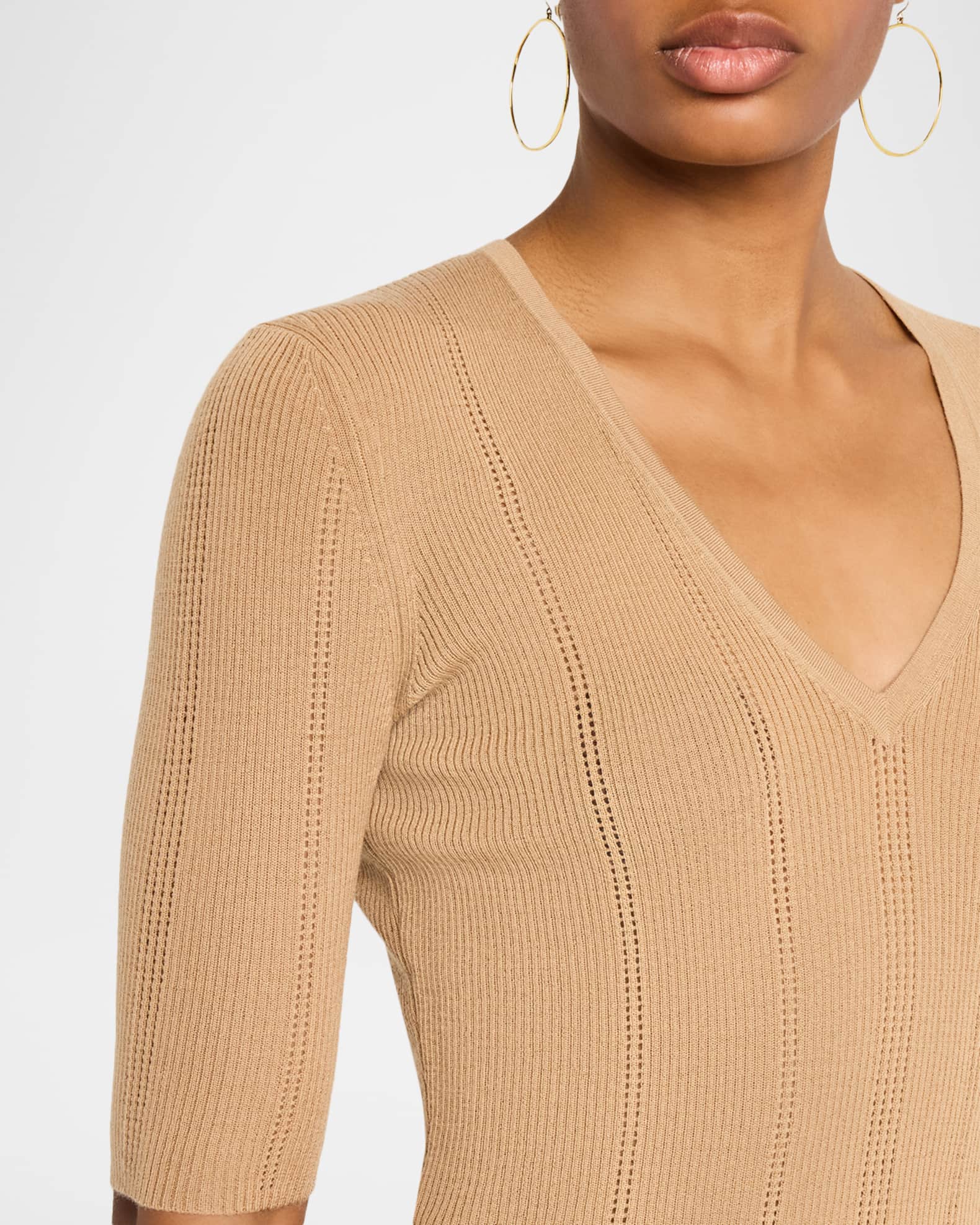 Gabriela Hearst Amari V-Neck Pointelle Rib Short-Sleeve Top | Neiman Marcus