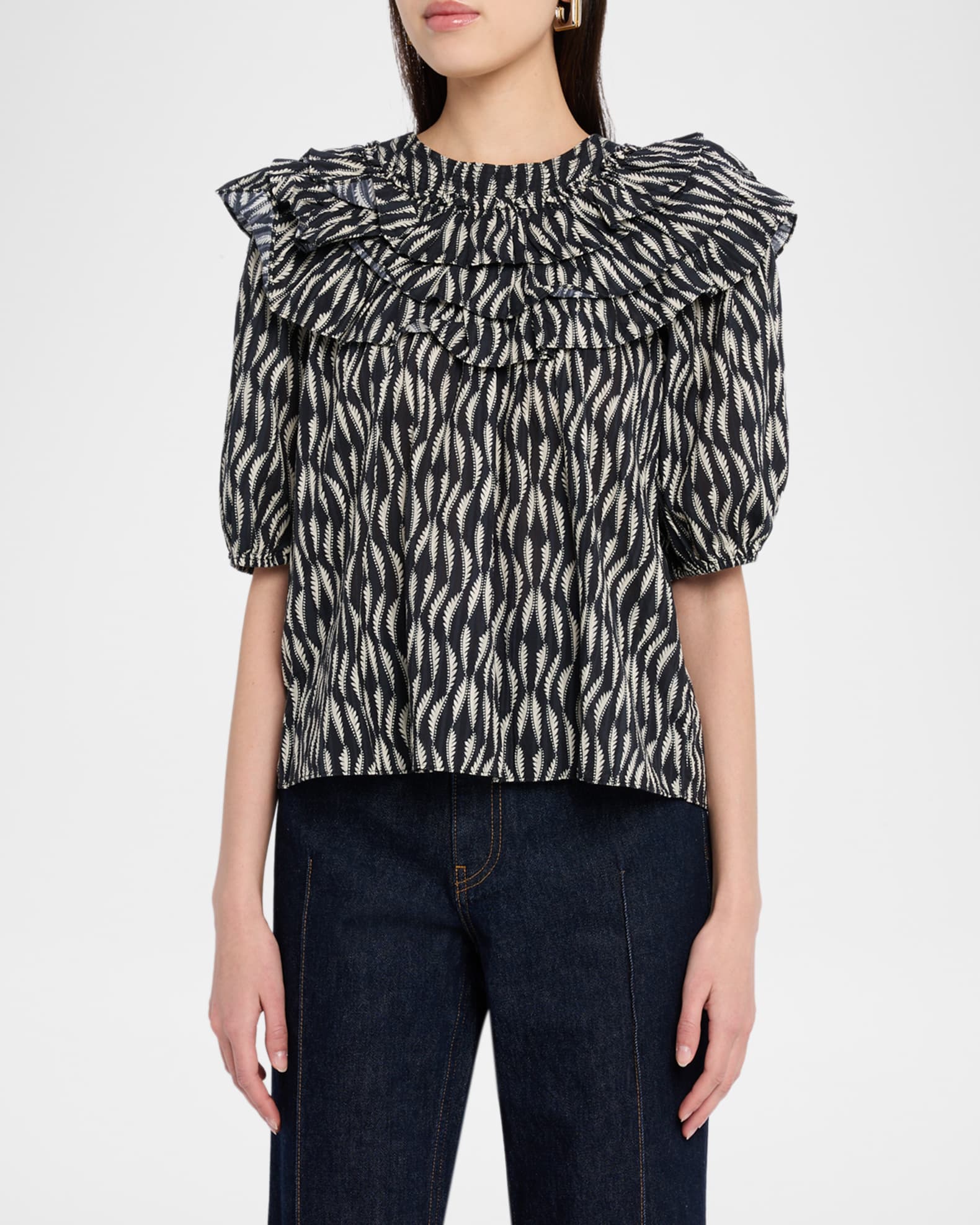 Ulla Johnson Mira Ruffle Puff-Sleeve Cotton Blouse | Neiman Marcus