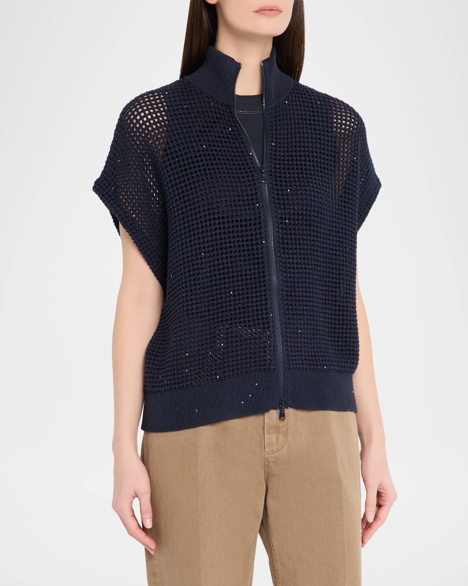 Brunello Cucinelli Cotton-Linen Mesh Short-Sleeve Zip Jacket | Neiman ...