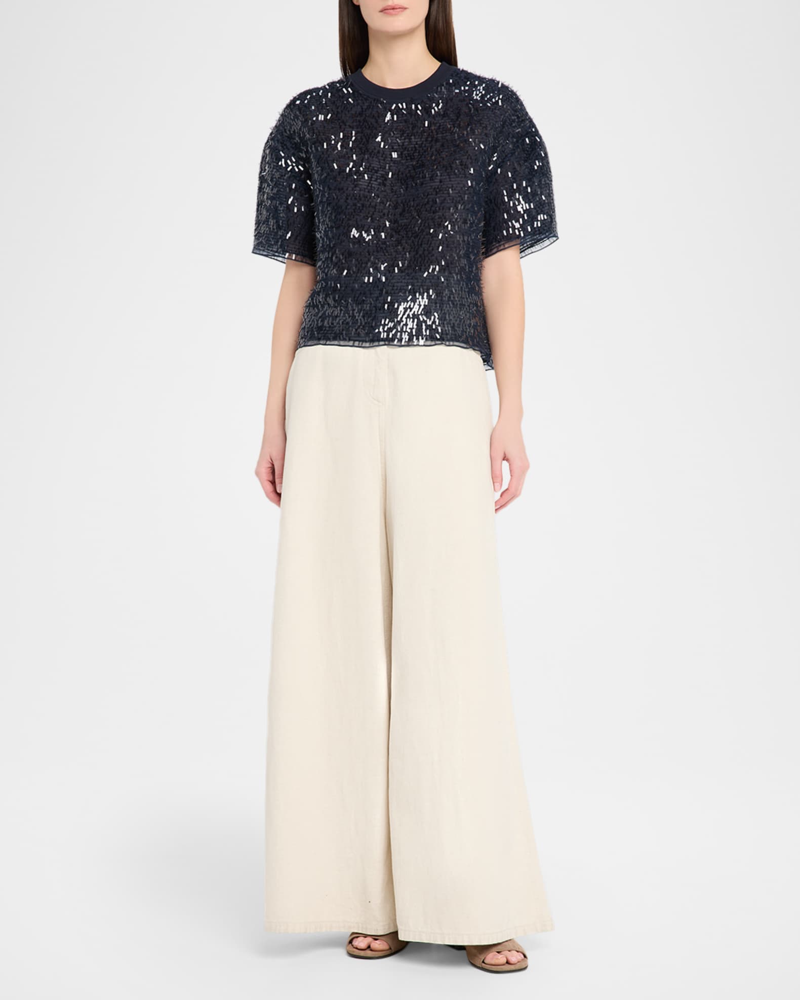 Brunello Cucinelli Paillette Fringe Crispy Silk Chiffon T-Shirt ...