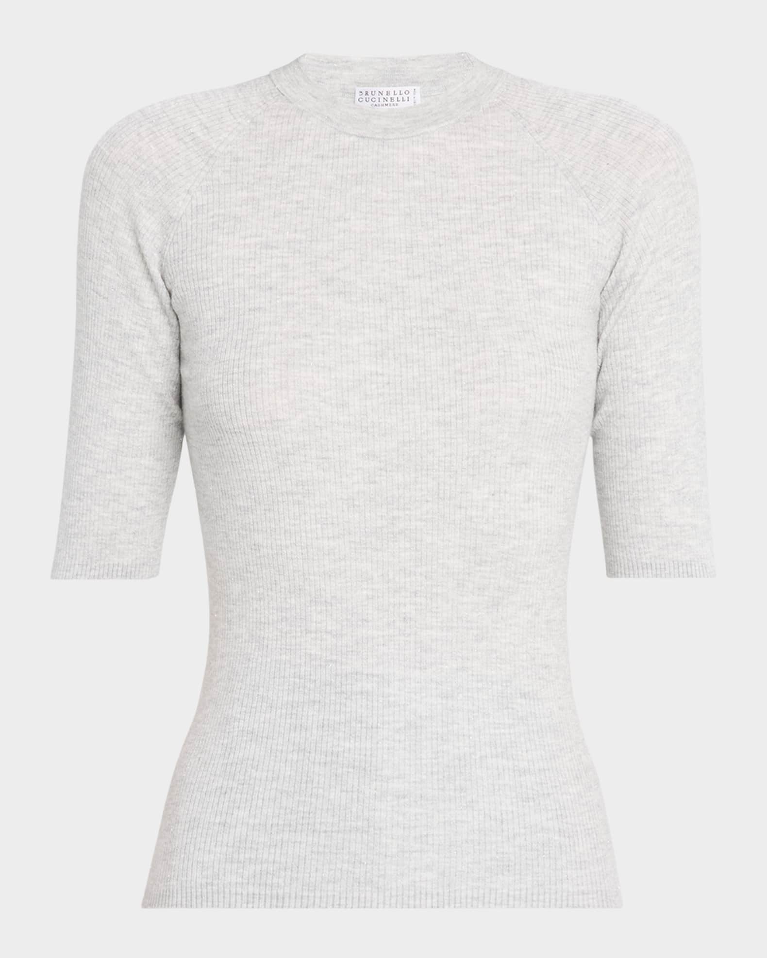 Brunello Cucinelli Shimmering Cashmere Stretch Rib Elbow-Sleeve Sweater ...