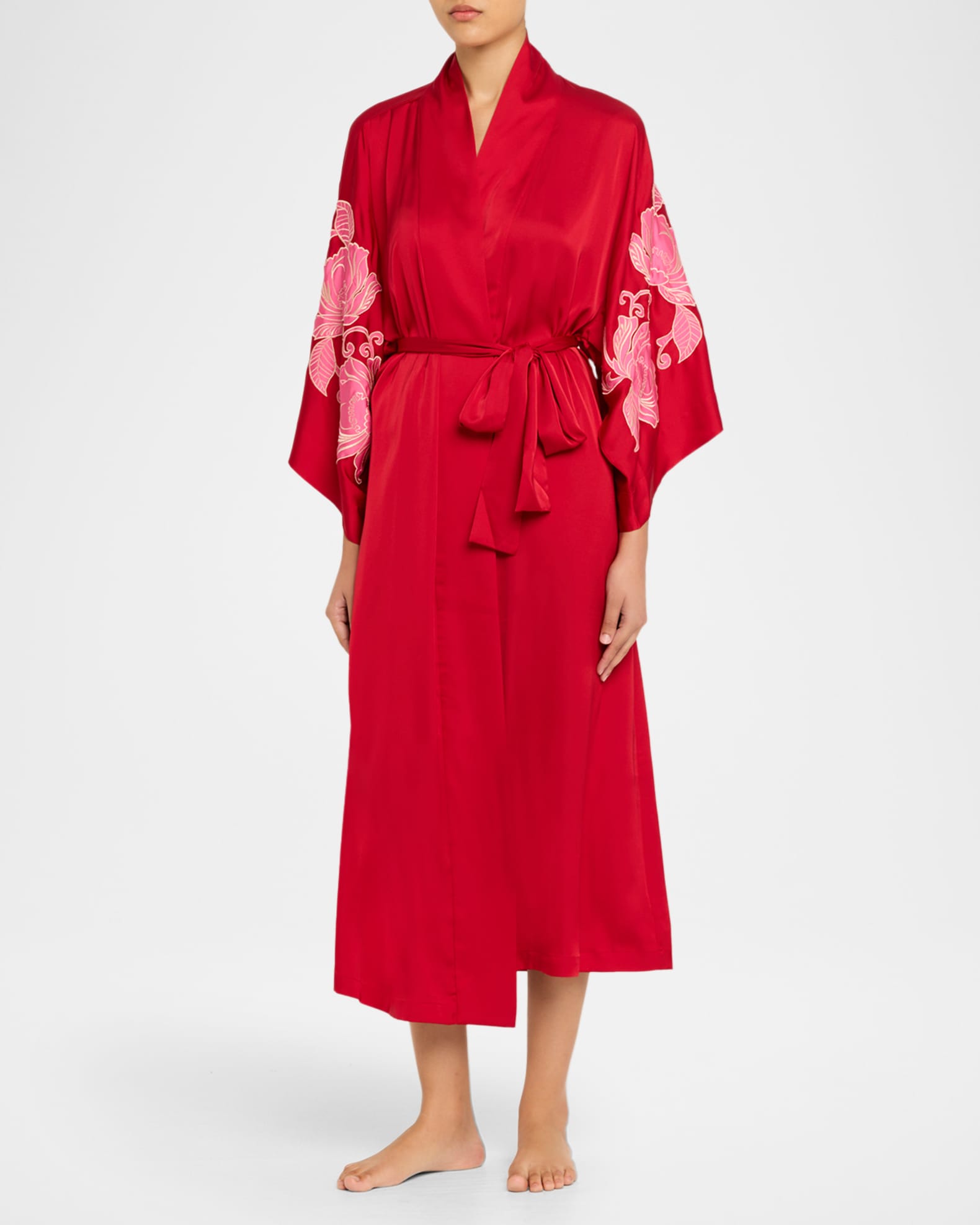 Natori Floral-Embroidered Charmeuse Robe | Neiman Marcus