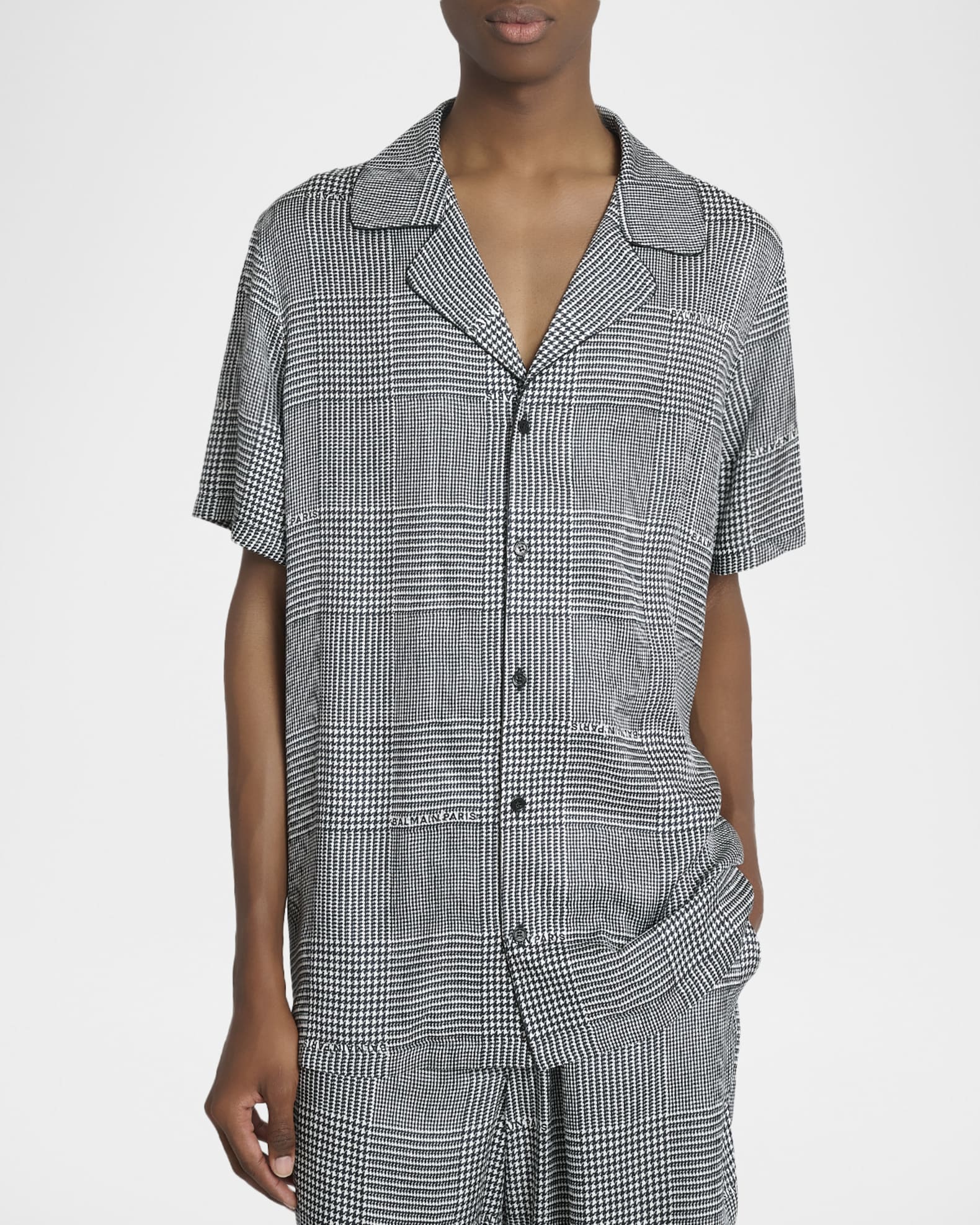 Balmain Men's Prince of Wales Logo Viscose Short-Sleeve Shirt | Neiman ...