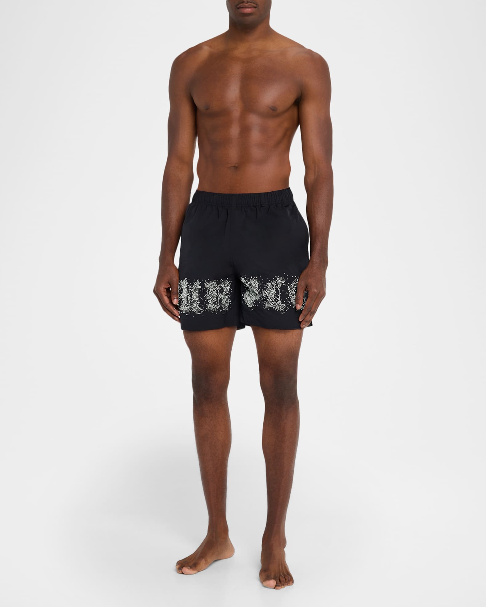 PURPLE Men's Crystal-Embellished Logo Swim Shorts | Neiman Marcus