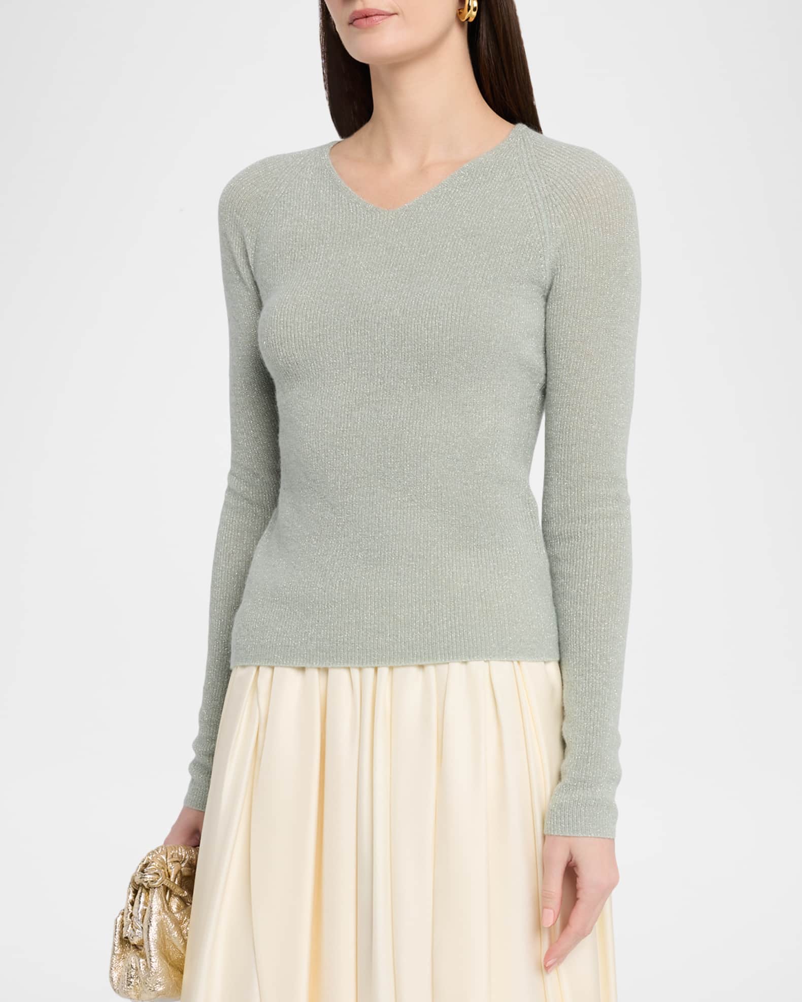 Vince Metallic High-V Knit Top | Neiman Marcus