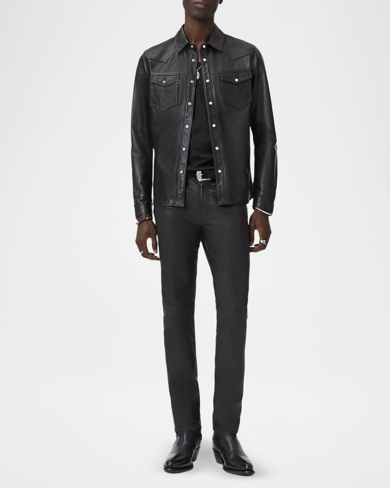 John Varvatos Men's Sage Leather Western Shirt Jacket | Neiman Marcus