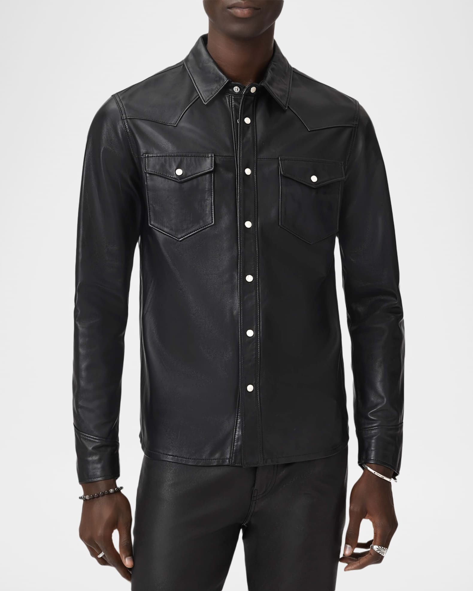 John Varvatos Men's Sage Leather Western Shirt Jacket | Neiman Marcus