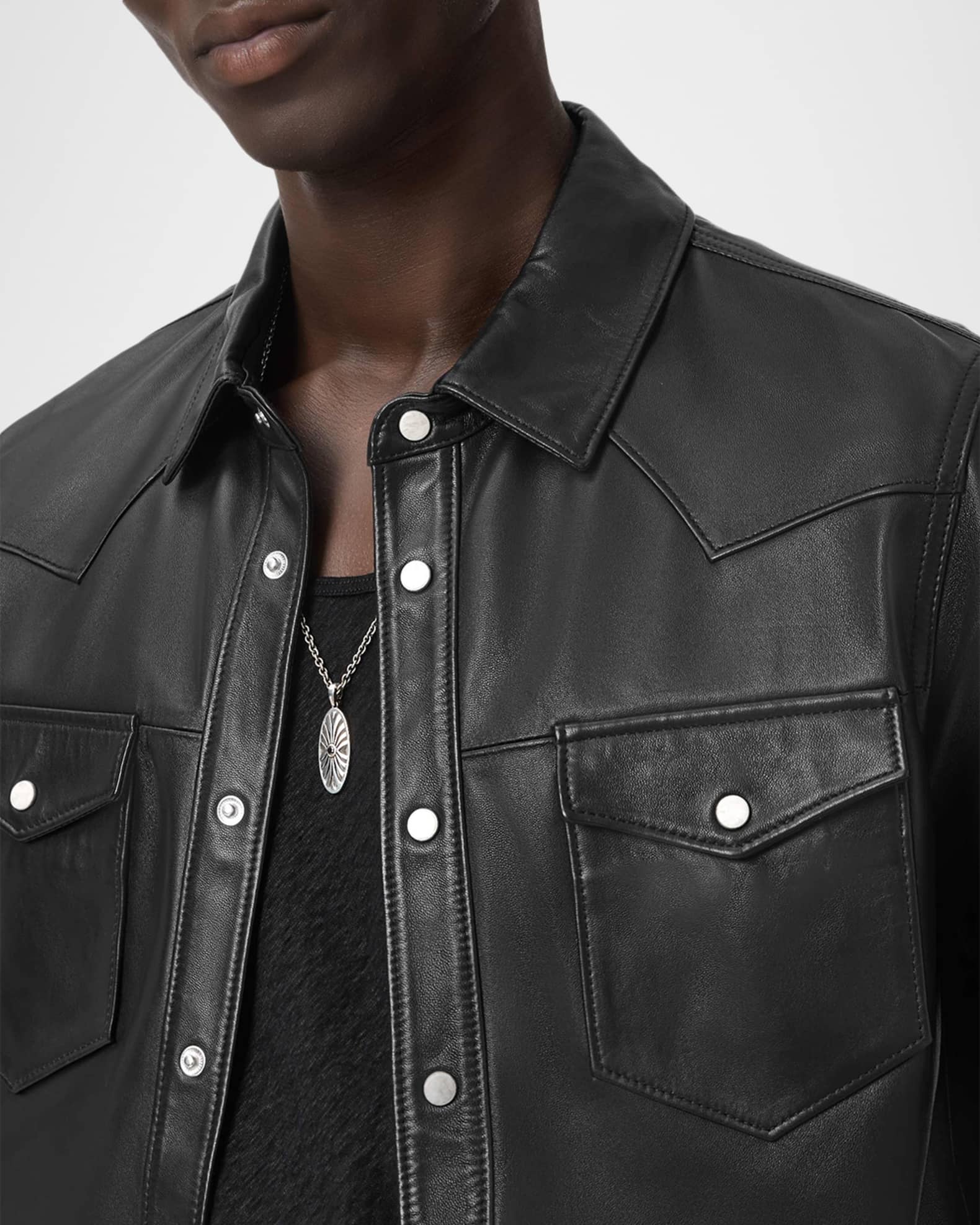 John Varvatos Men's Sage Leather Western Shirt Jacket | Neiman Marcus