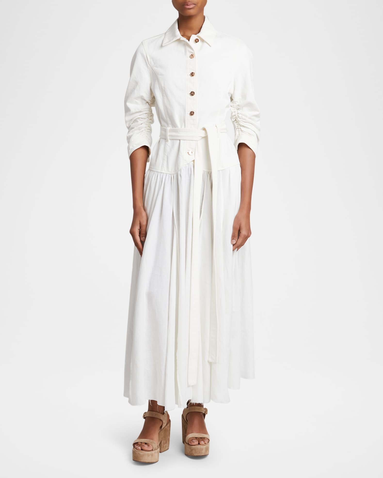 Gabriela Hearst Delyth Ruched-Sleeve Belted Midi Shirtdress | Neiman Marcus