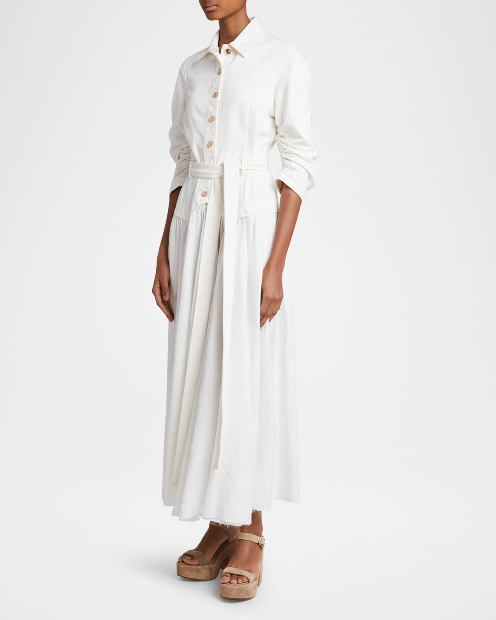 Gabriela Hearst Delyth Ruched-Sleeve Belted Midi Shirtdress | Neiman Marcus