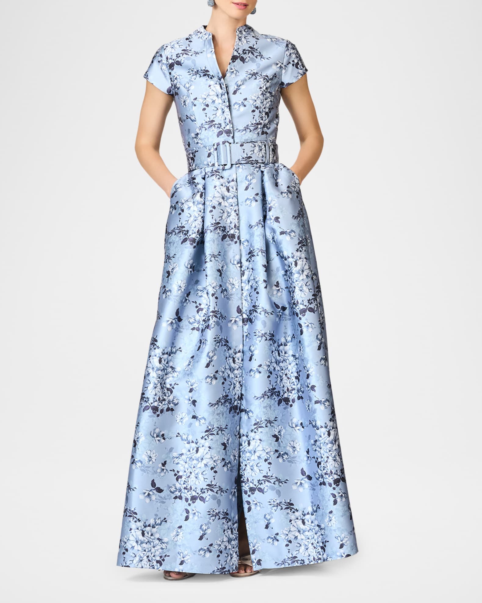 Sachin & Babi Marta Pleated Floral-Print Mikado Gown | Neiman Marcus