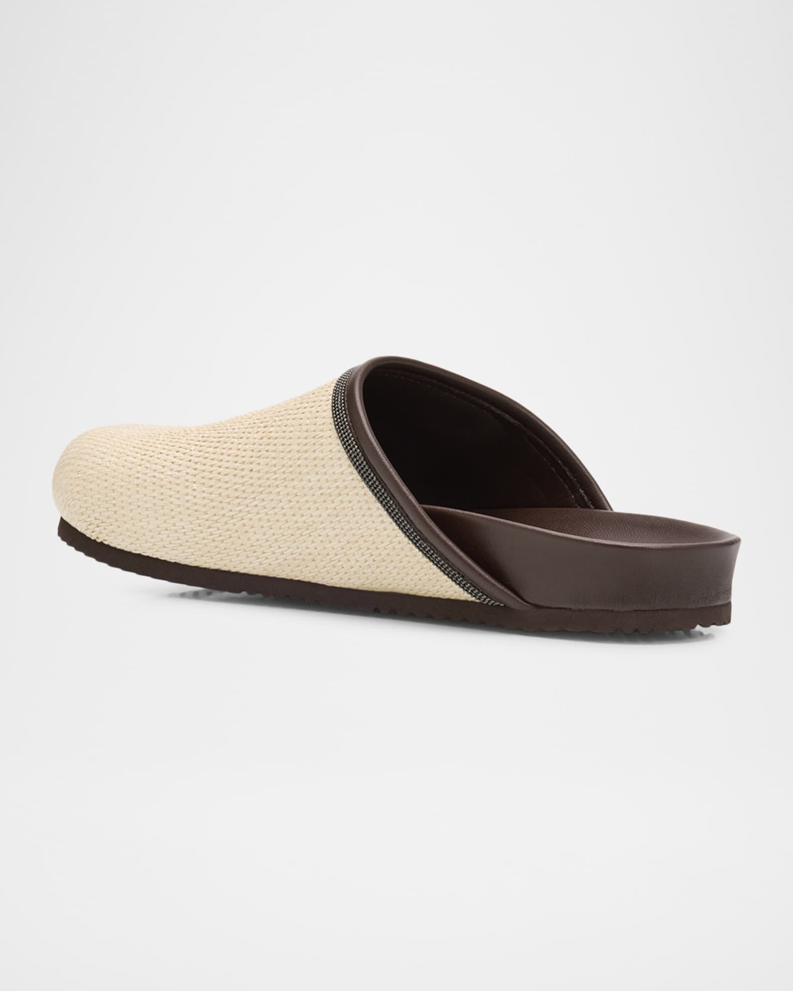 Brunello Cucinelli Monili Leather-Trimmed Raffia Mules | Neiman Marcus