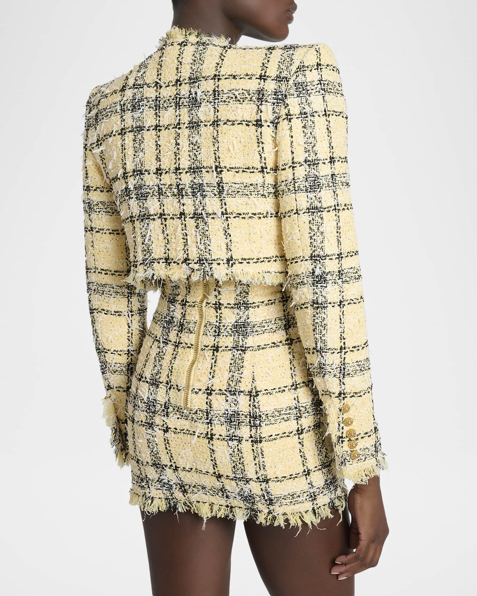 Balmain Paillette Check Eyelash Tweed Crop Jacket | Neiman Marcus