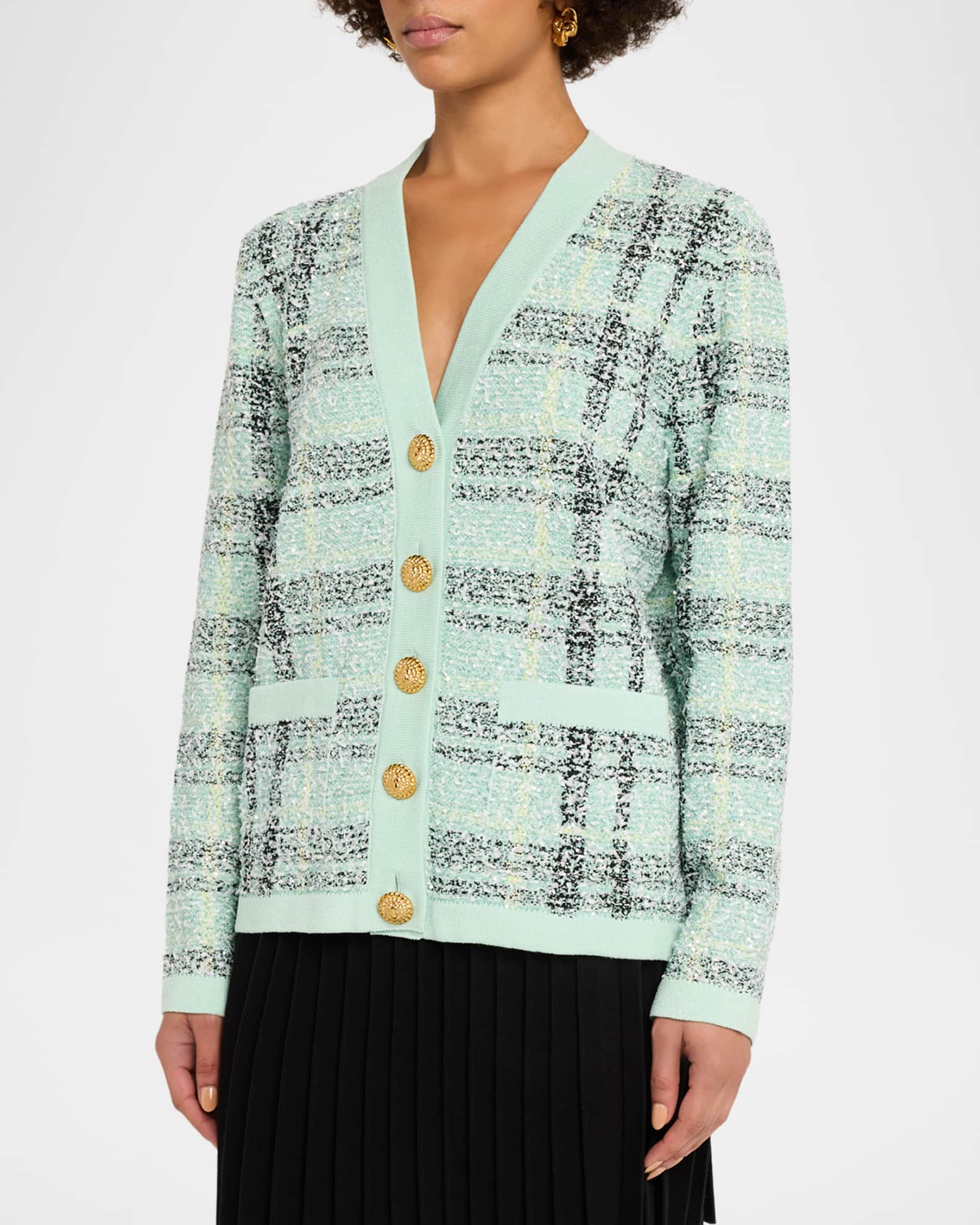 Balmain V-Neck Plaid Tweed Loose Cardigan | Neiman Marcus
