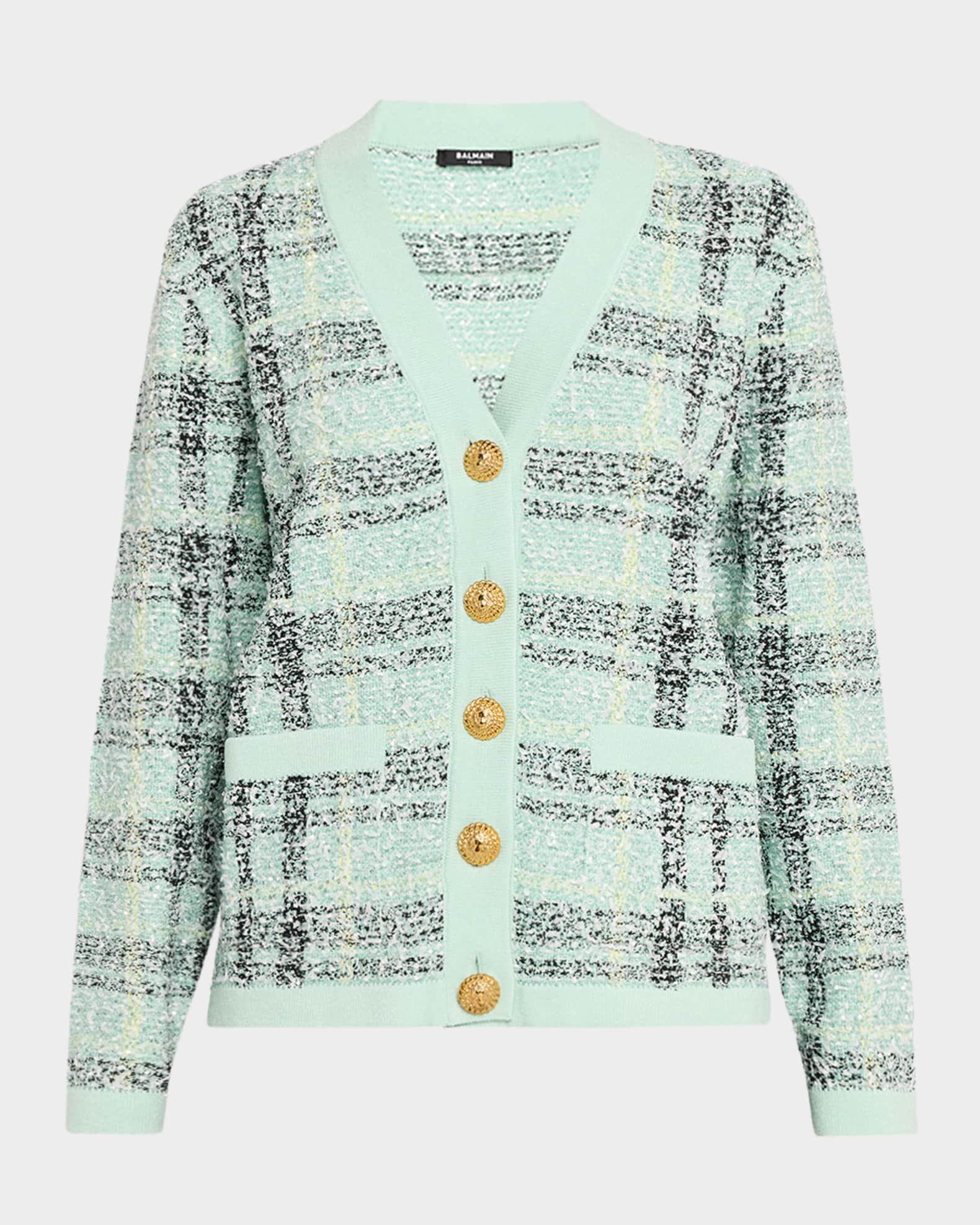 Balmain V-Neck Plaid Tweed Loose Cardigan | Neiman Marcus