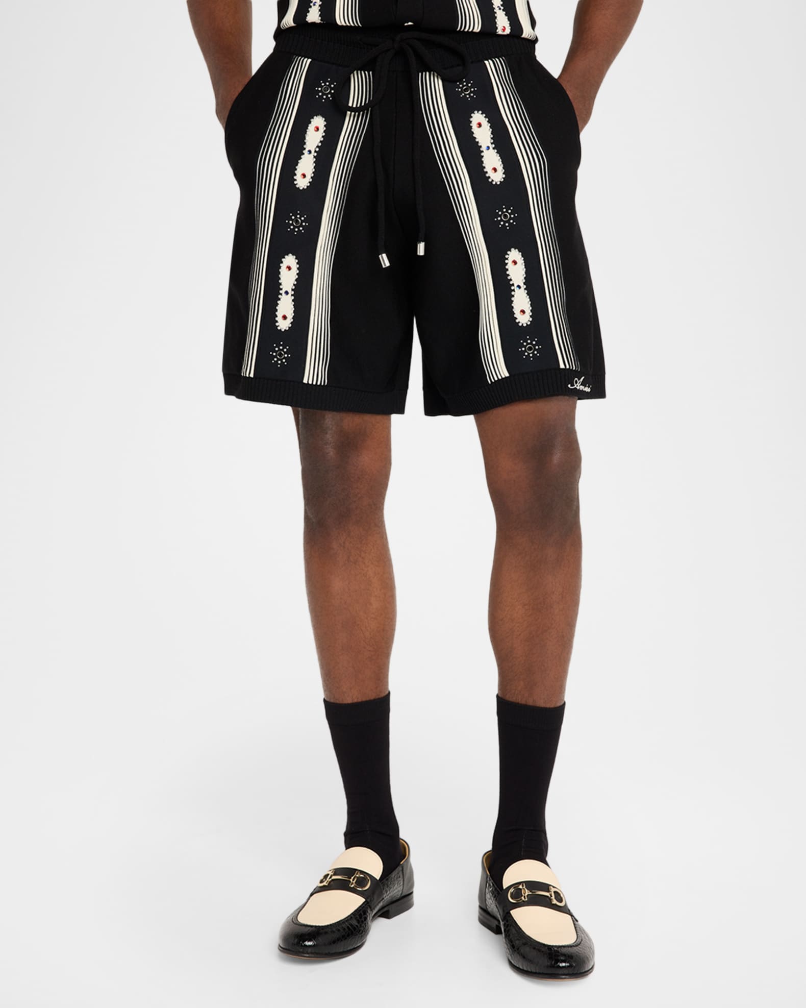Amiri Men's Wool Knit Studded Stripe Shorts | Neiman Marcus