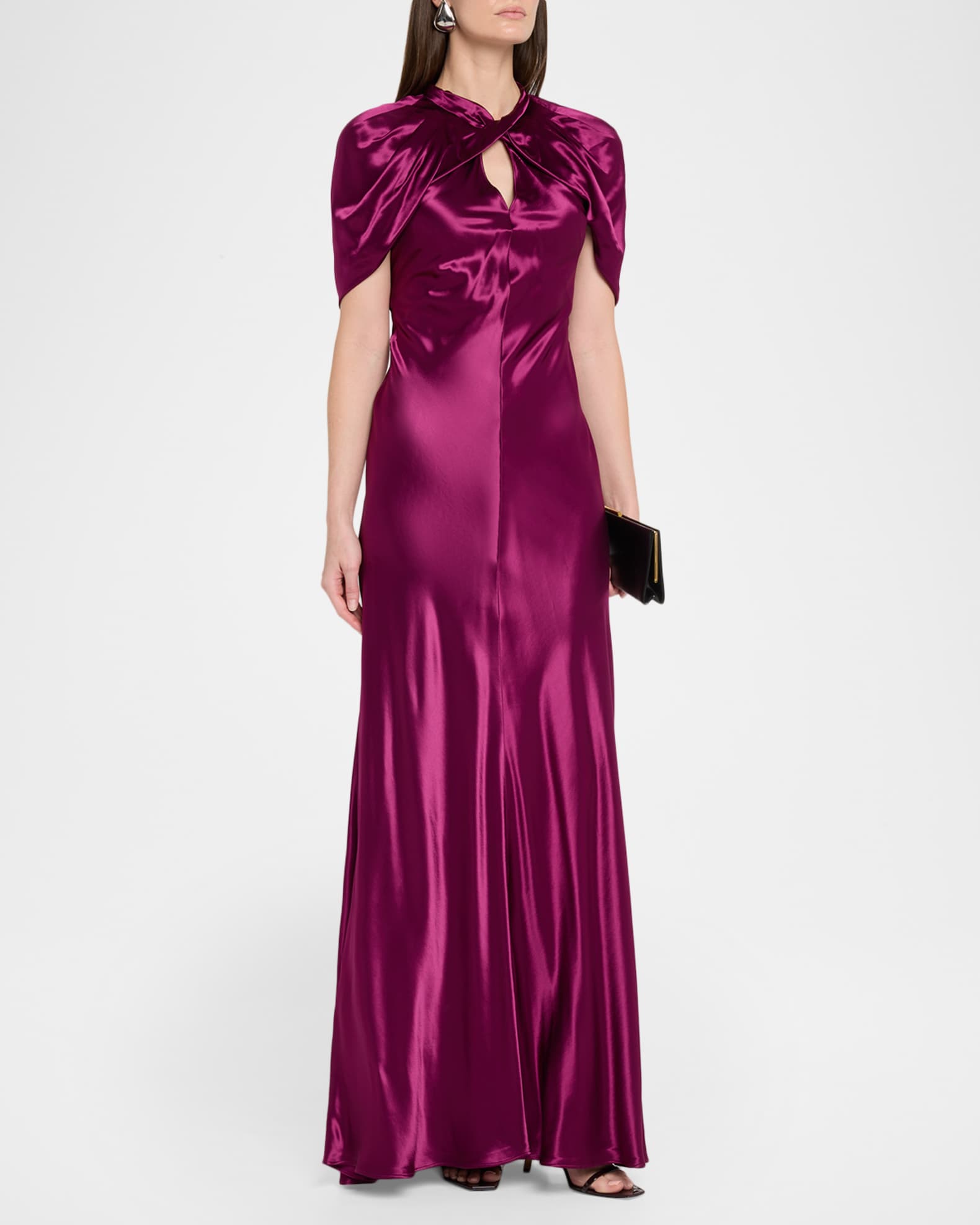 Alberta Ferretti Twisted Capelet Satin Maxi Evening Dress | Neiman Marcus