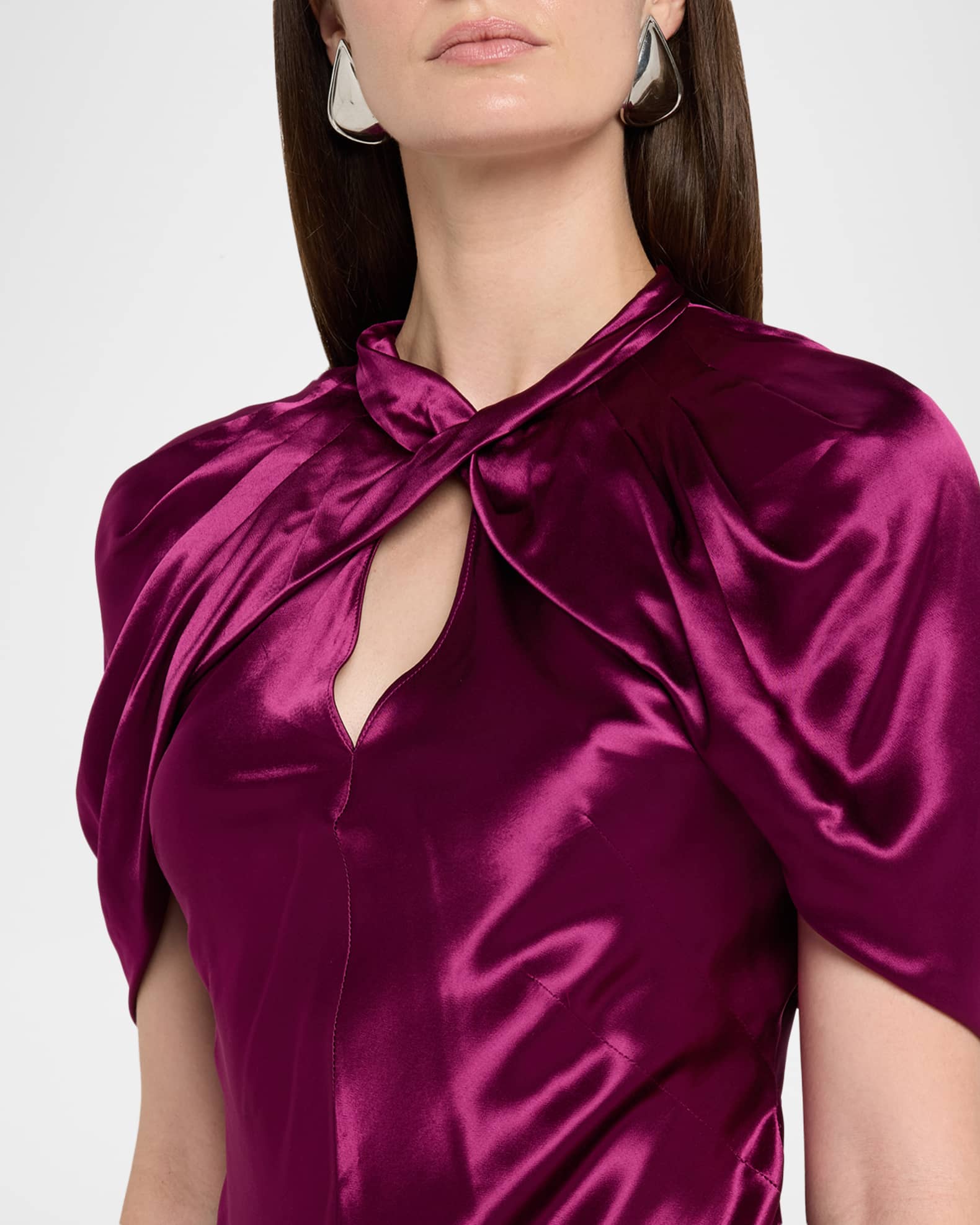 Alberta Ferretti Twisted Capelet Satin Maxi Evening Dress | Neiman Marcus