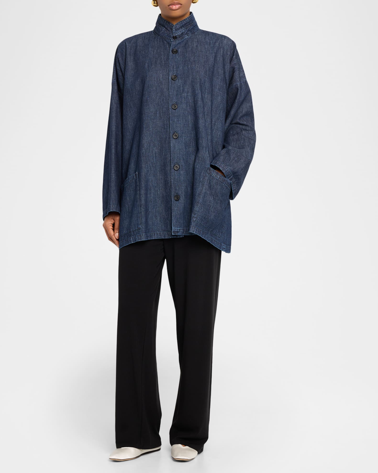 Eskandar Cotton Denim Angle To Front Double Stand Collar Jacket - Long ...