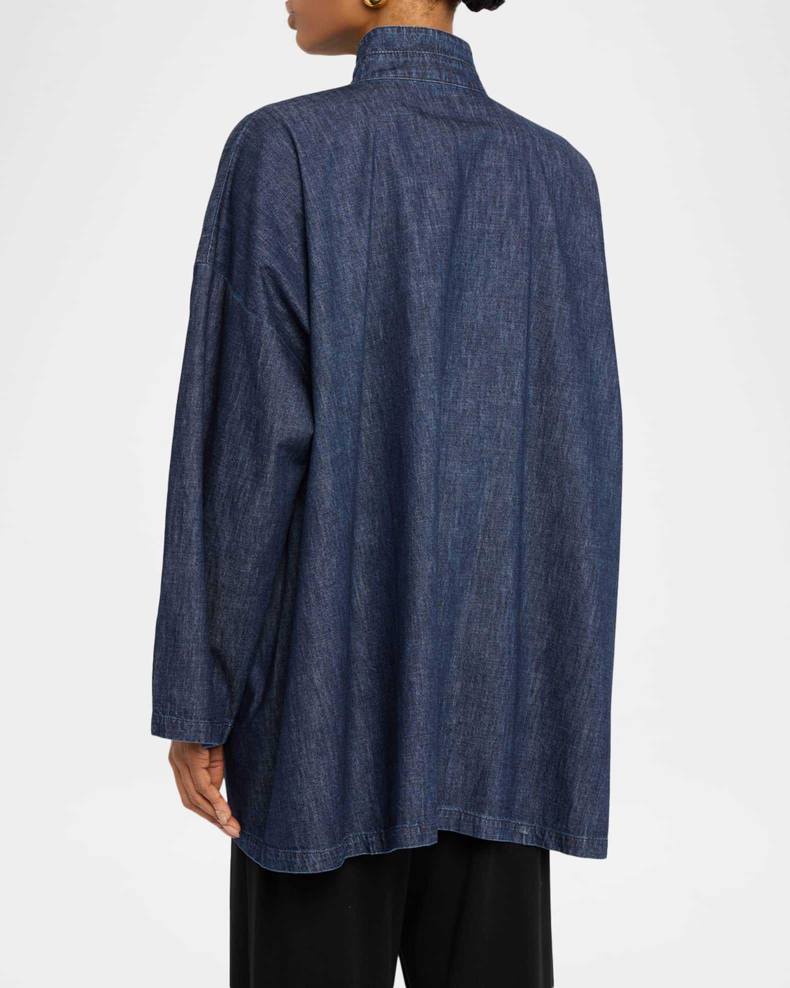 Eskandar Cotton Denim Angle To Front Double Stand Collar Jacket - Long ...