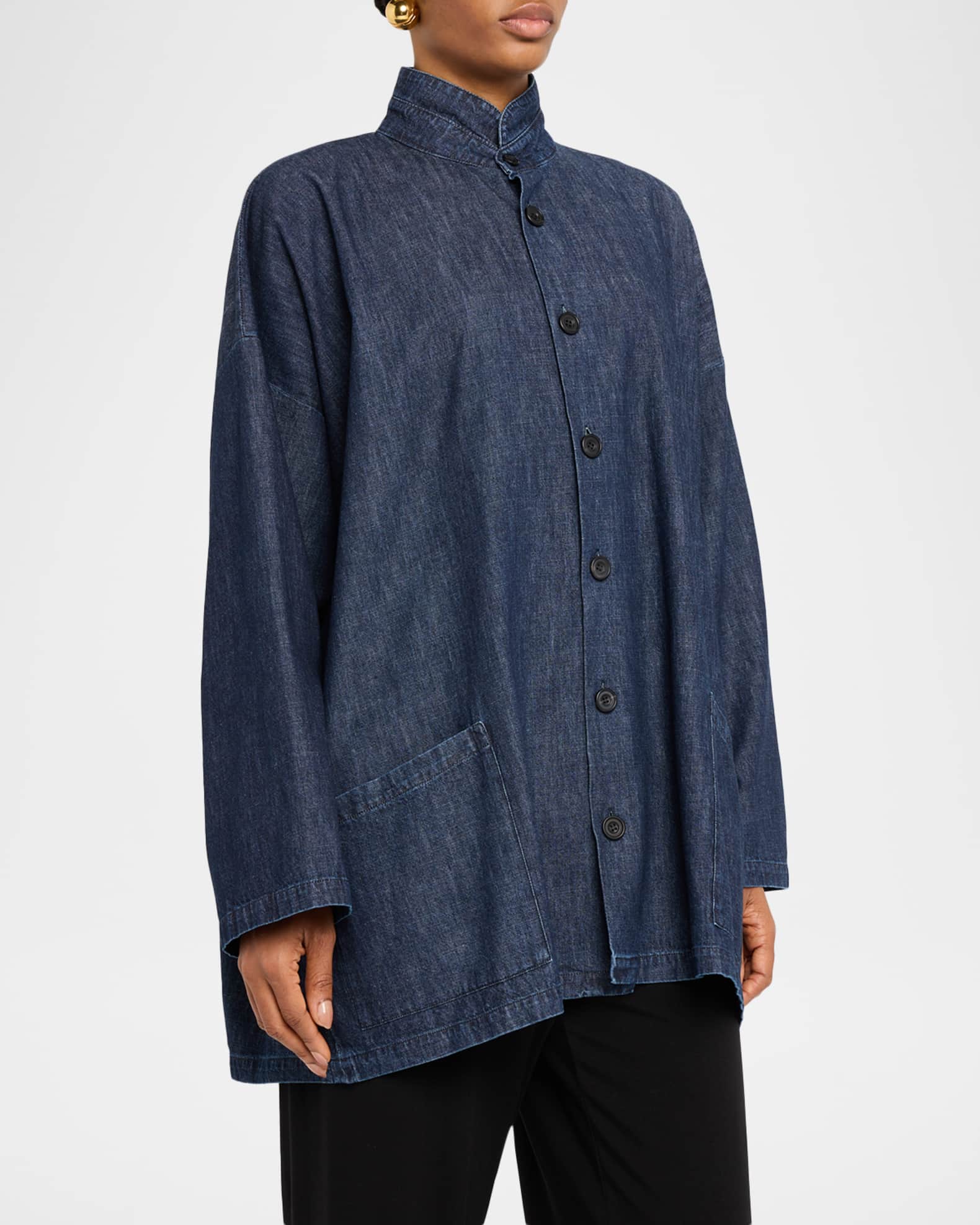 Eskandar Cotton Denim Angle To Front Double Stand Collar Jacket - Long ...