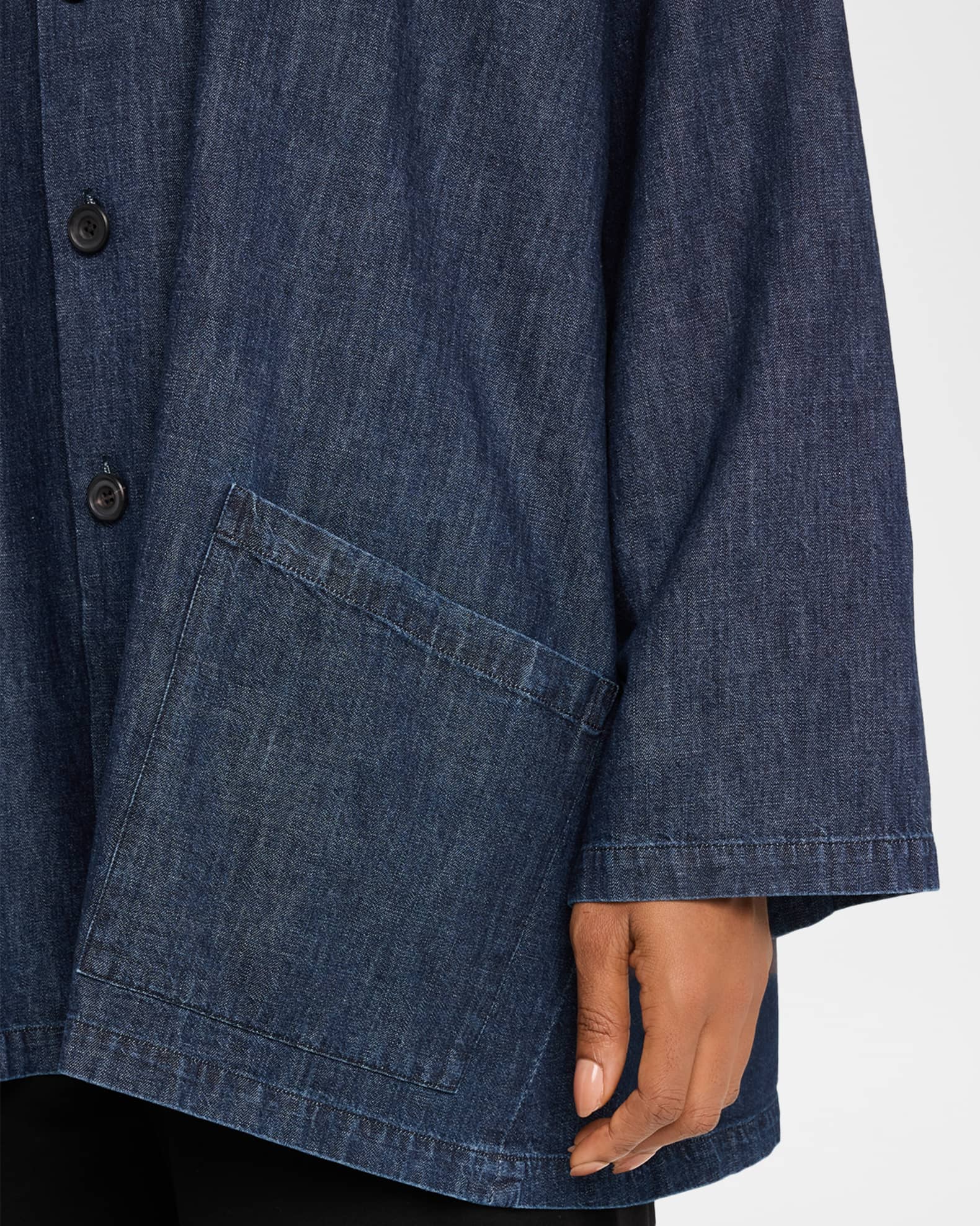 Eskandar Cotton Denim Angle To Front Double Stand Collar Jacket - Long ...