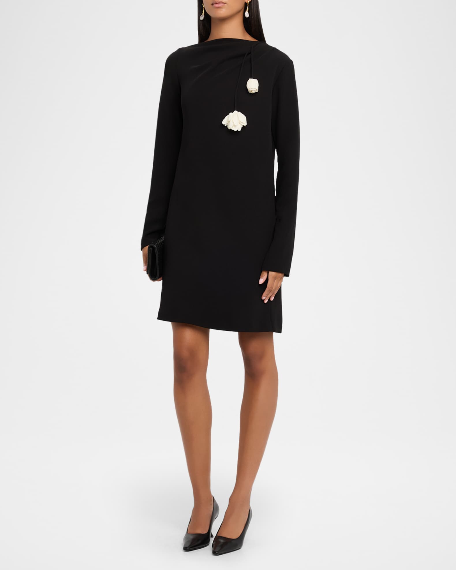 Lela Rose Flower Applique Long-Sleeve Fluid Crepe Mini Dress | Neiman ...