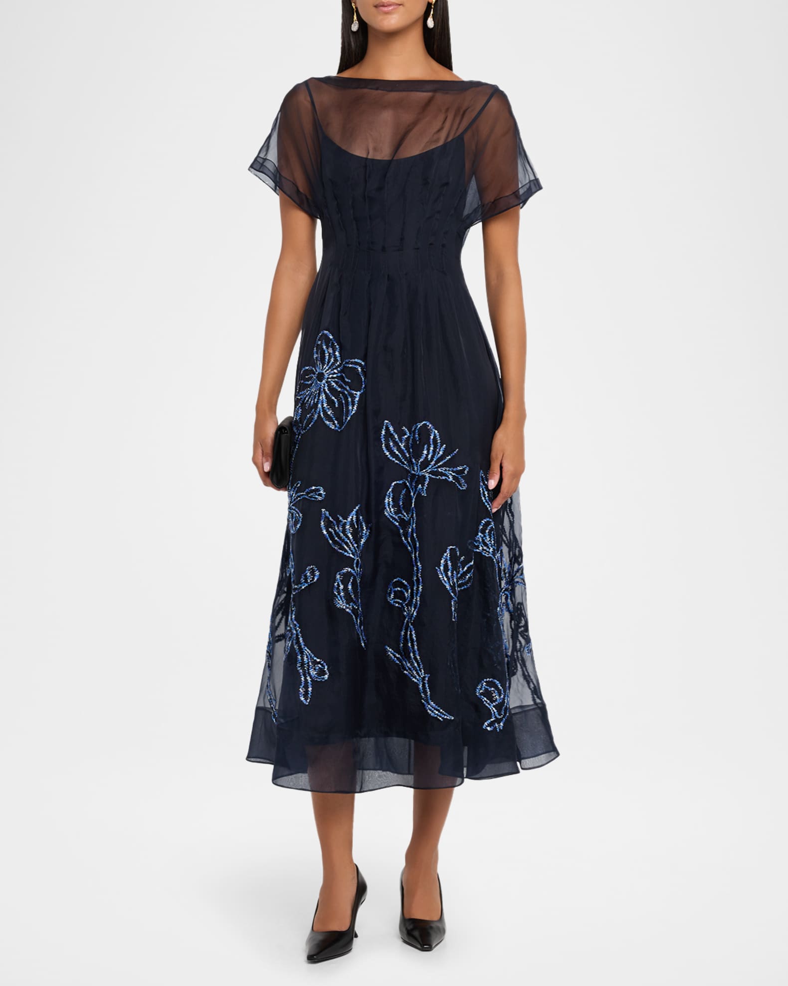 Lela Rose Ikat Floral Embroidered Organza Midi Dress | Neiman Marcus