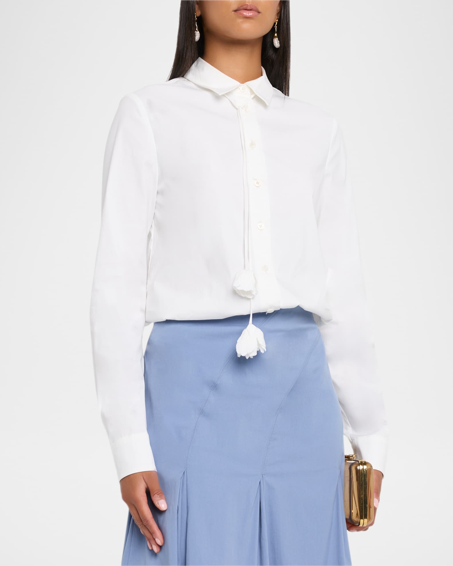 Lela Rose Rosette Tie Cotton Poplin Button-Down Shirt | Neiman Marcus