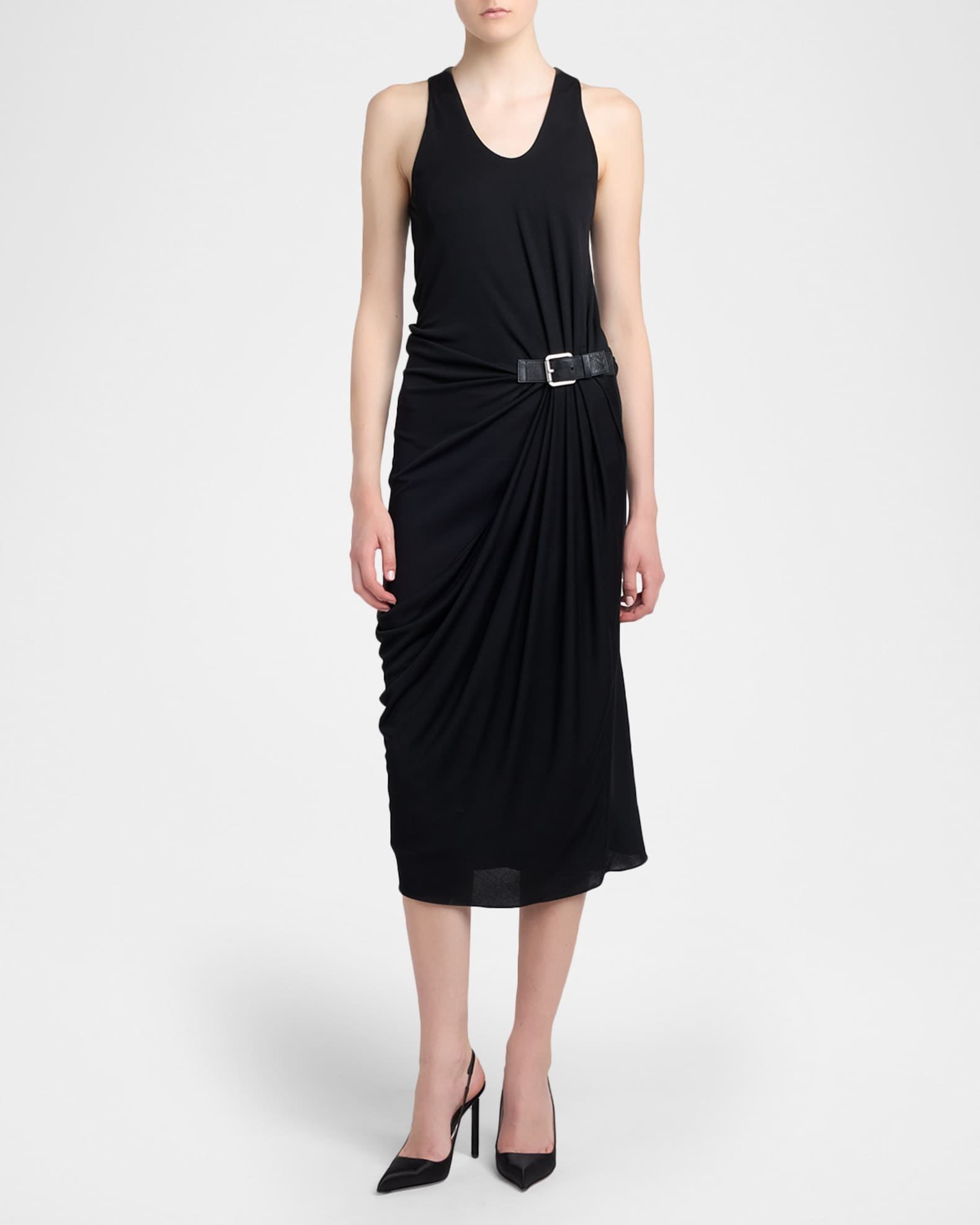 TOM FORD Buckle Gathered Crepe Jersey Sleeveless Midi Dress | Neiman Marcus