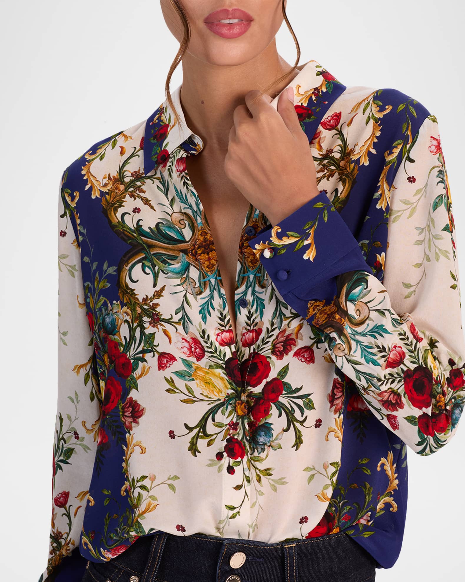 Alice + Olivia Gilded Rose Willa Placket Top | Neiman Marcus
