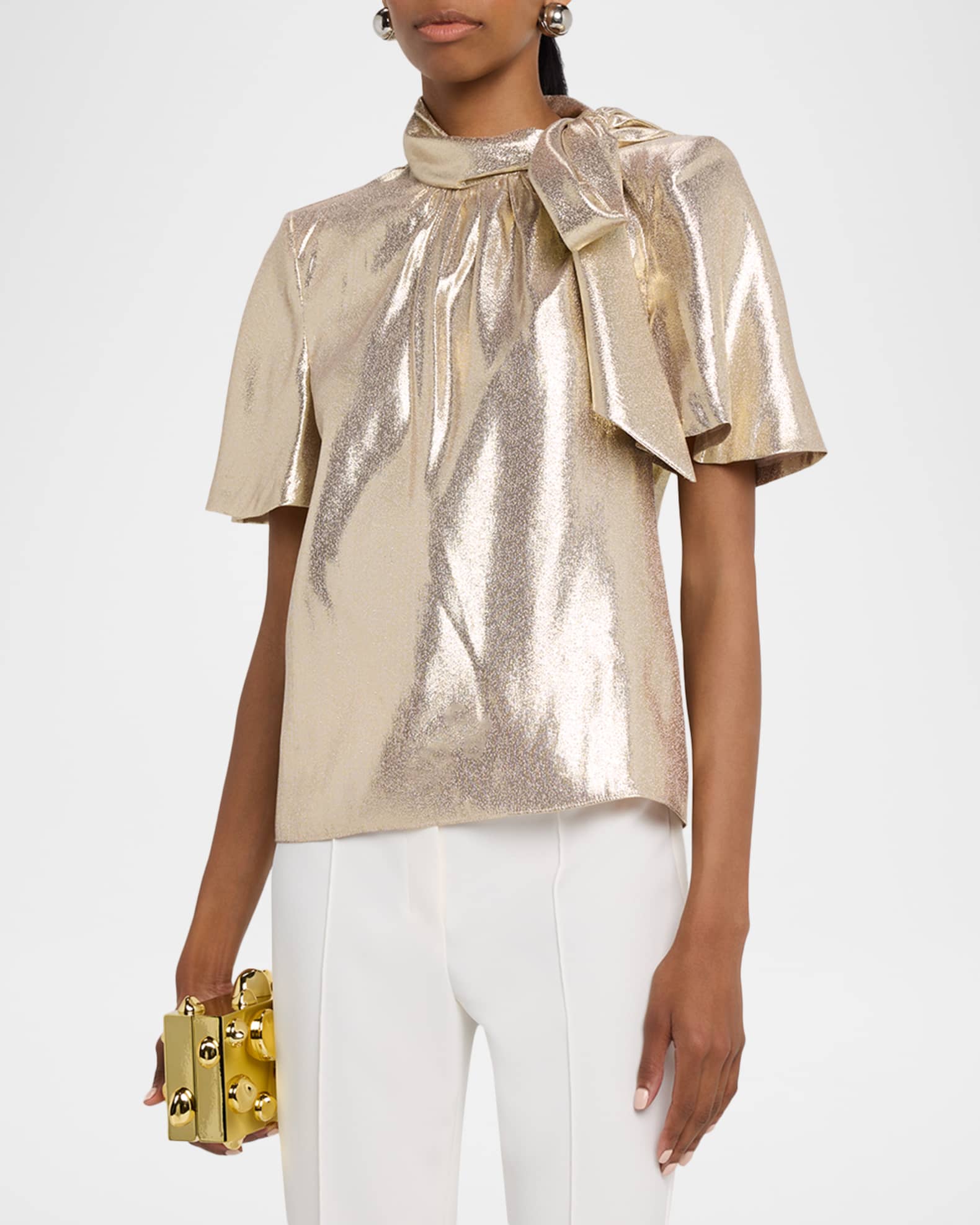 Ramy Brook Balinda Tie-Neck Metallic Blouse | Neiman Marcus