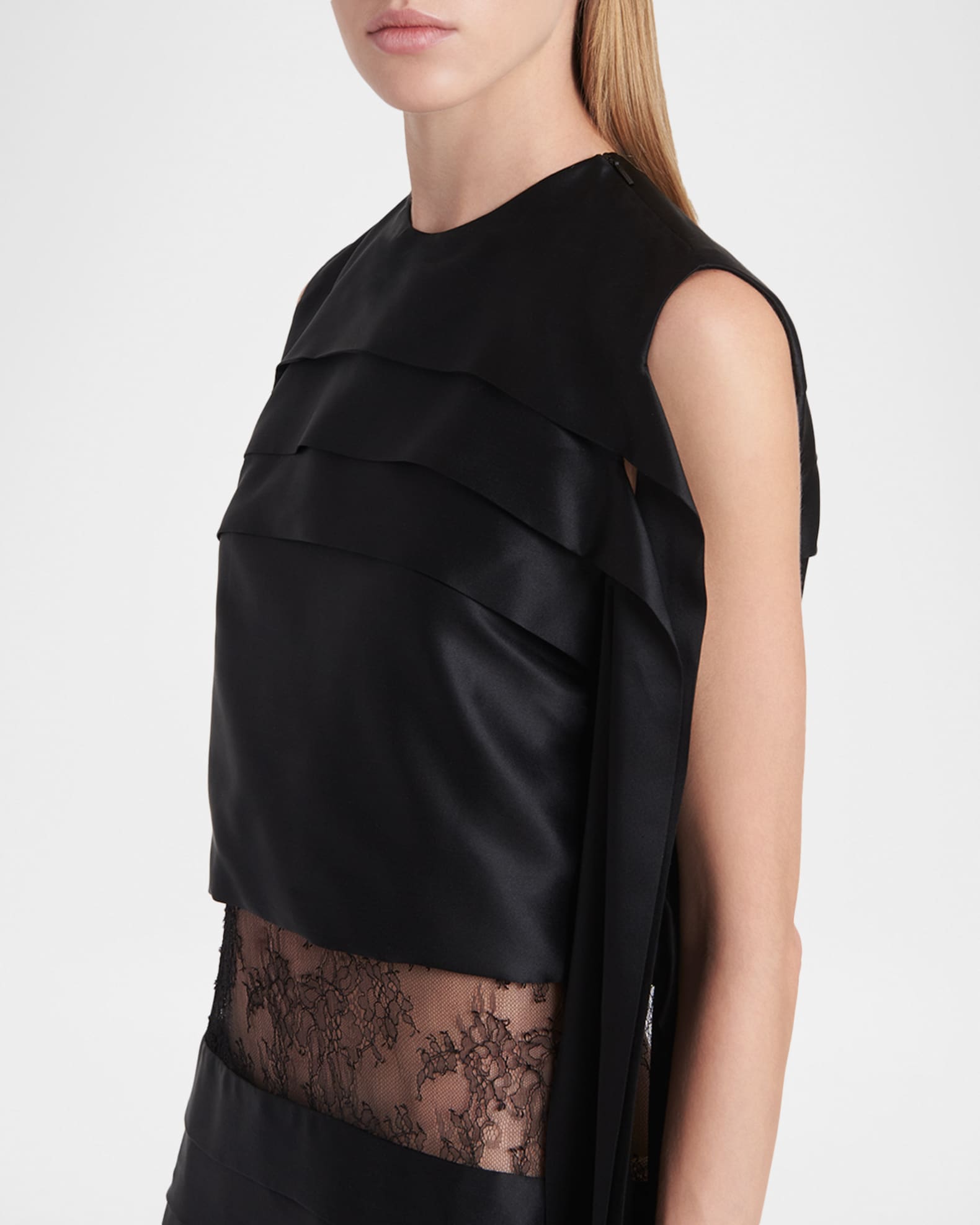 Ferragamo Lace-Inset Tiered Silk Mini Dress | Neiman Marcus