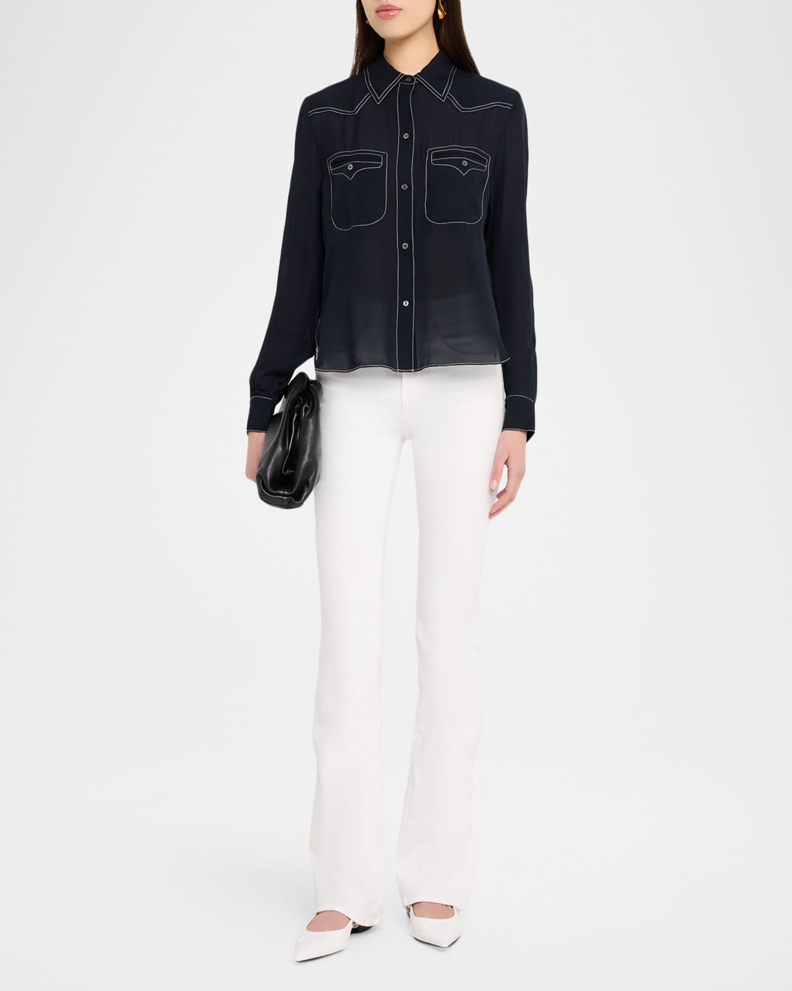 TWP Carter Shirt with Topstitching in Silk Georgette | Neiman Marcus