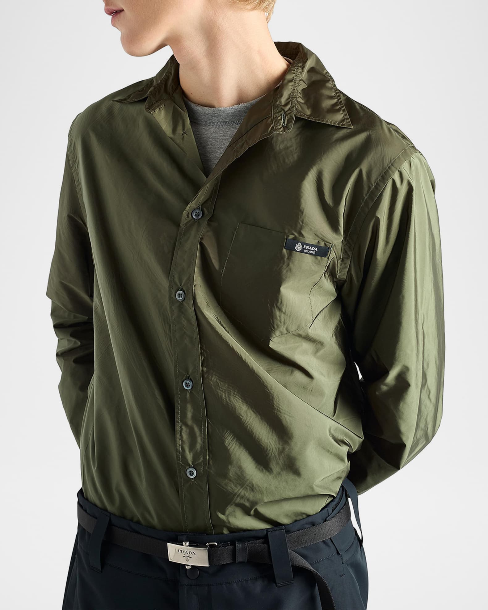 Prada Men's Re-Nylon Button-Down Shirt with Pocket | Neiman Marcus