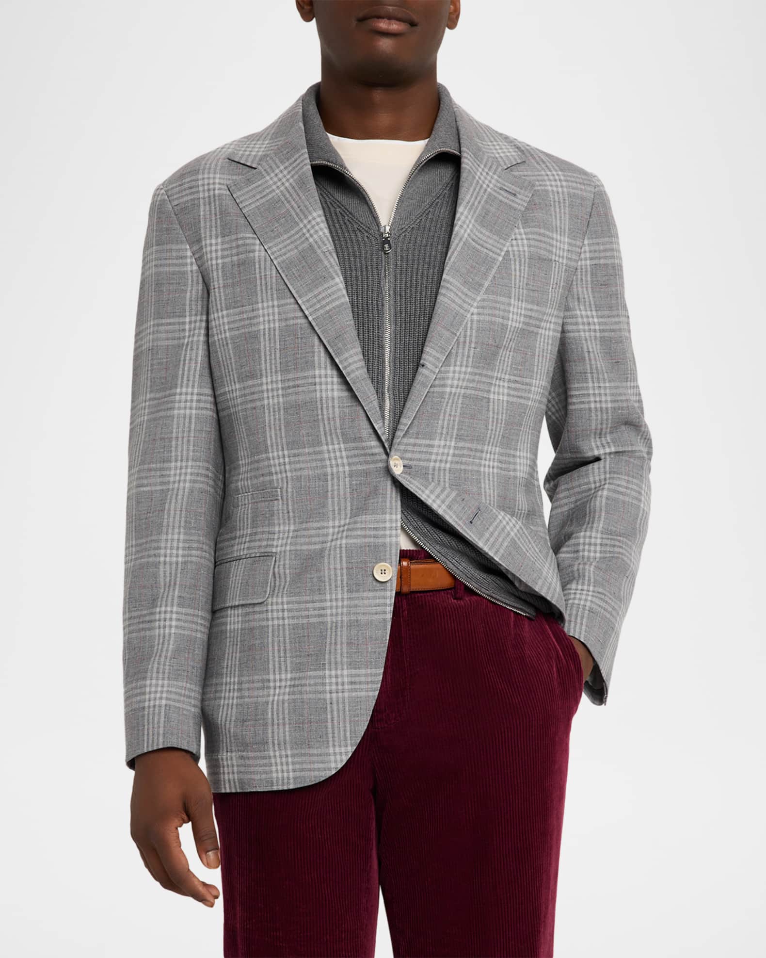 Brunello Cucinelli Men's Wool, Silk and Linen Plaid Single-Breasted ...