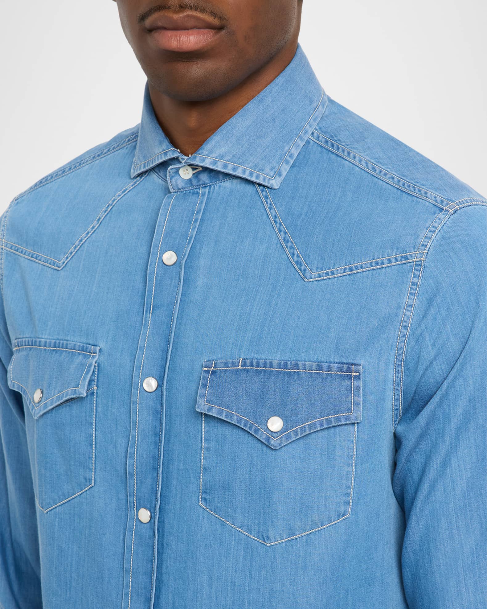 Brunello Cucinelli Men's Lightweight Denim Easy-Fit Western Shirt ...