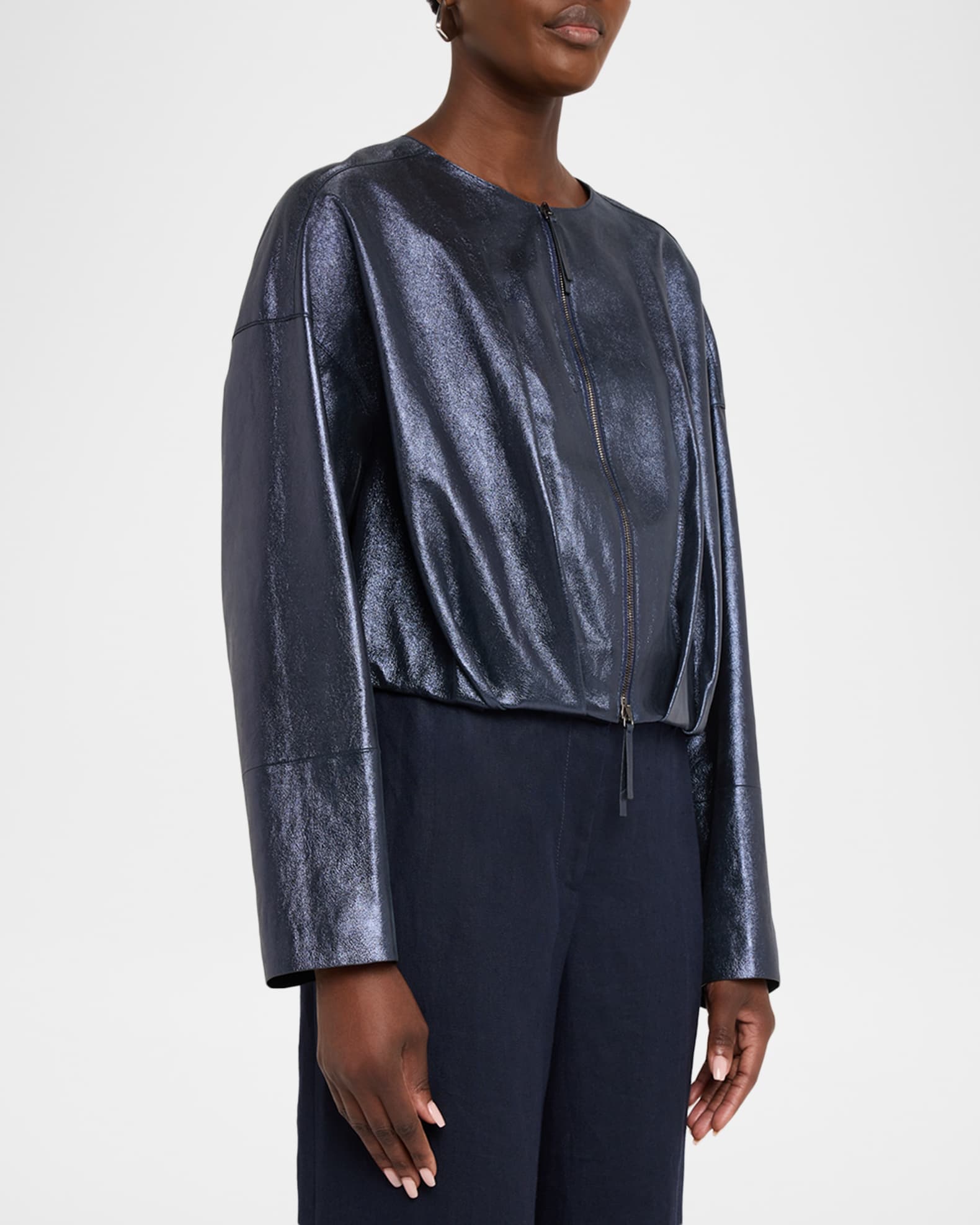 Lafayette 148 New York Pleated Metallic Suede Crop Jacket | Neiman Marcus