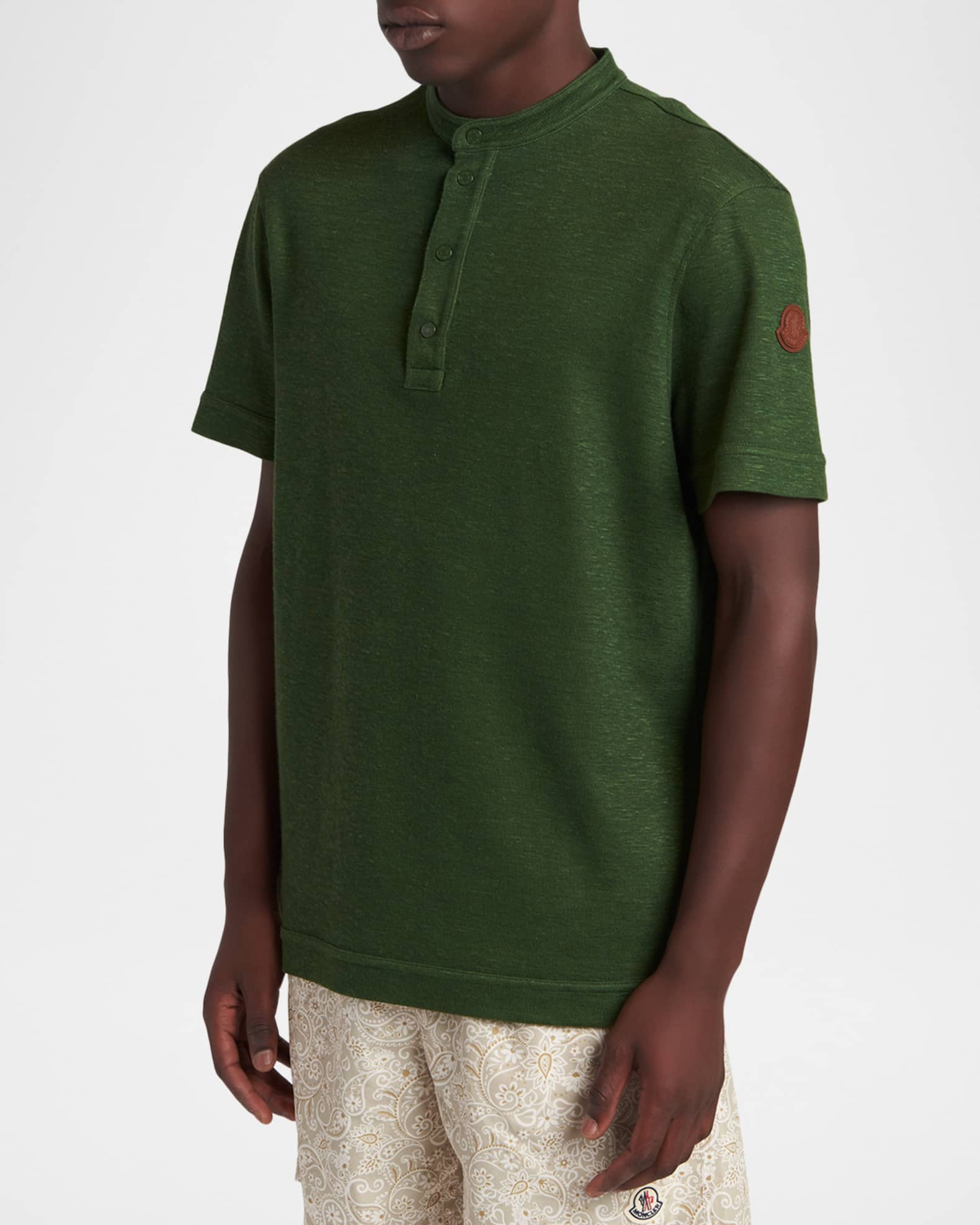Moncler Men's Flax Polo Shirt with Leather Logo | Neiman Marcus