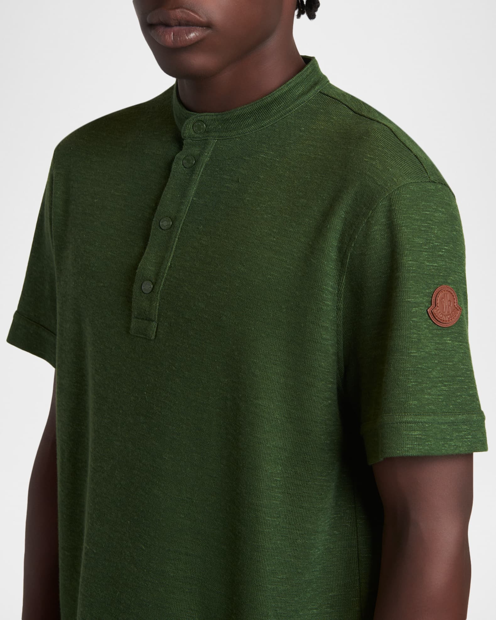 Moncler Men's Flax Polo Shirt with Leather Logo | Neiman Marcus