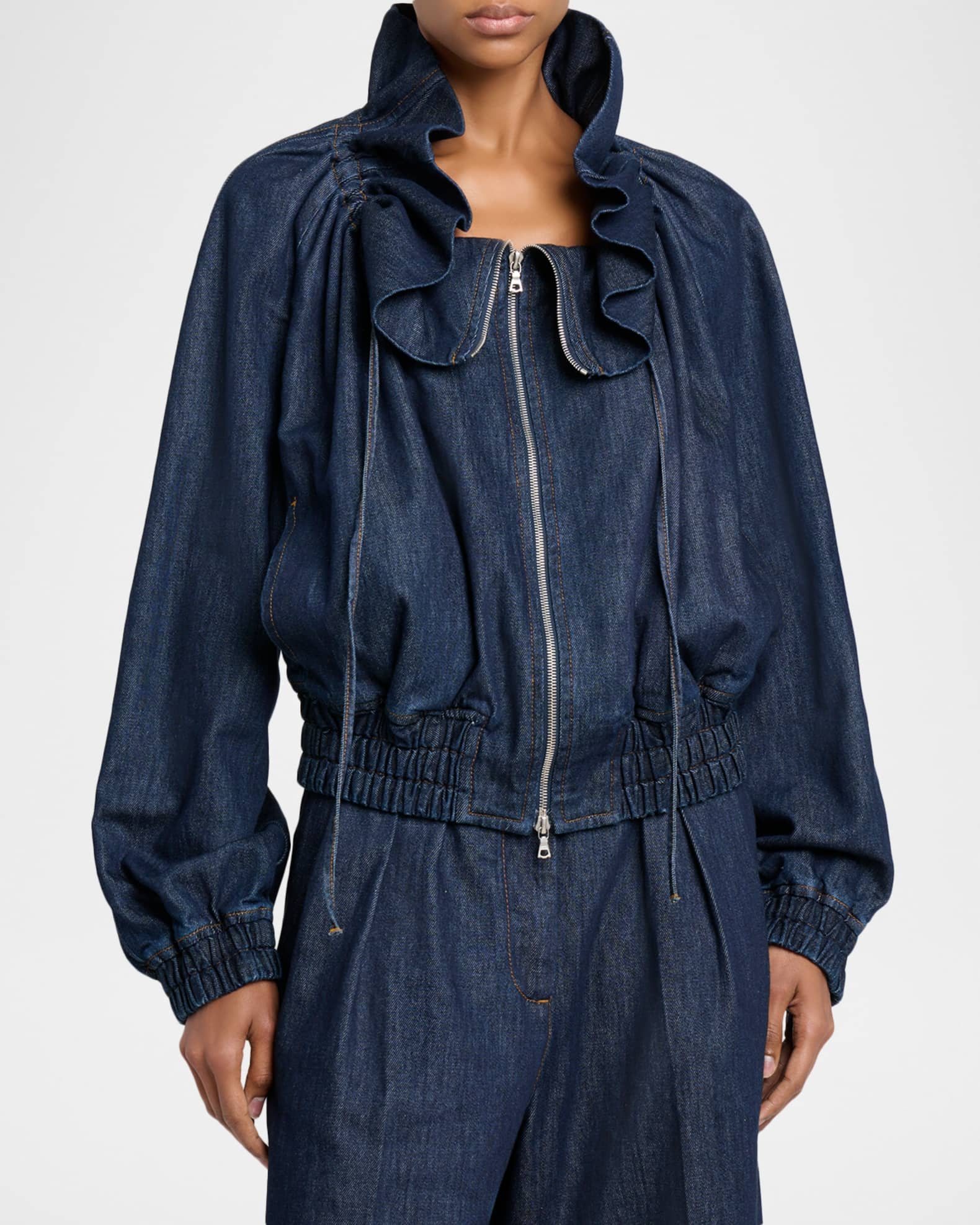 Dries Van Noten Voly Ruffle-Collar Denim Zip Jacket | Neiman Marcus