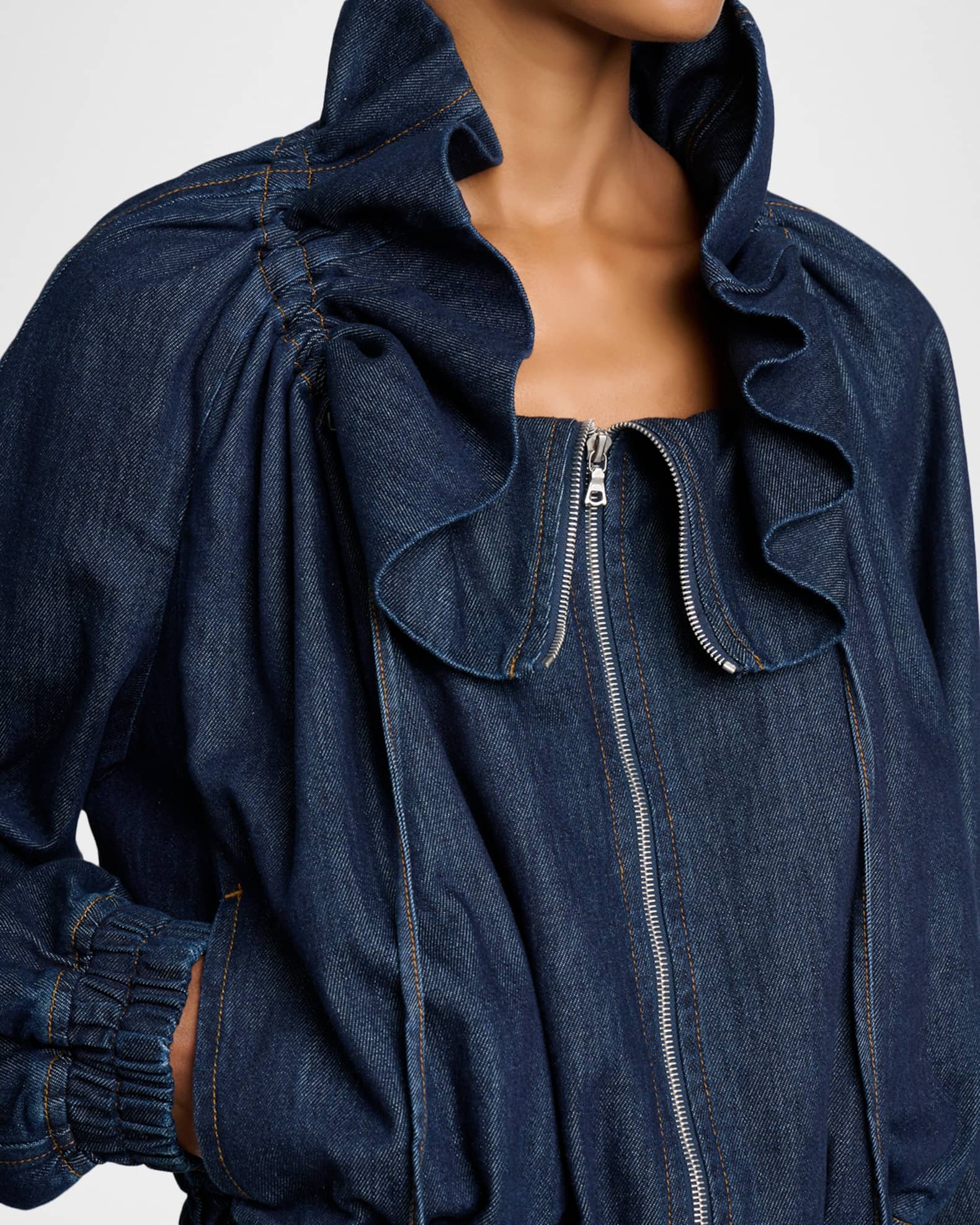 Dries Van Noten Voly Ruffle-Collar Denim Zip Jacket | Neiman Marcus